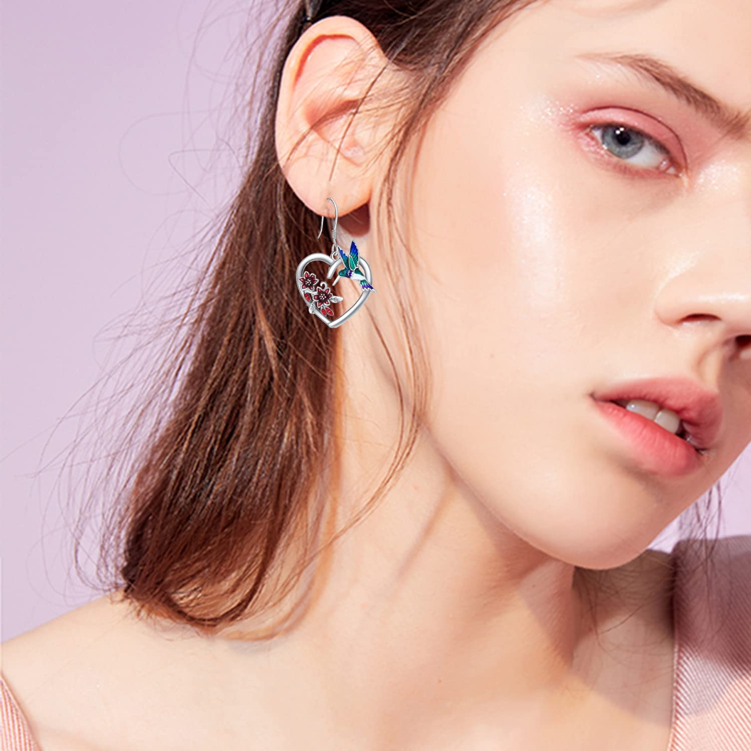 LONAGO Hummingbird Earrings for Women Sterling Silver Hummingbirds Heart Dangle Earring Gift for Women