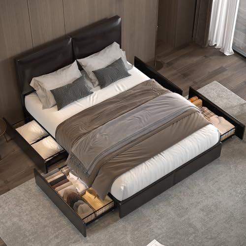 Yegee Queen Bed Frame with Storage Drawers, Leather Upholstered Bed Frame Platform with Headboard, Wood Slats Support Bed Frame, Easy Assembly, Noise Free, No Box Spring Needed, Dark Brown