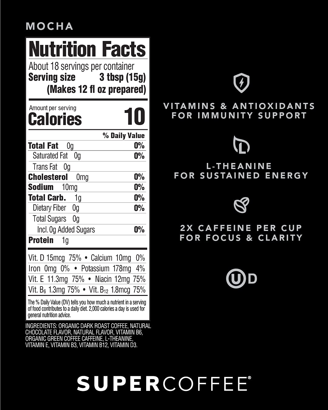KITU SUPER COFFEE Grounds, Energy & Immunity (2x Caffeine, Vitamins, Antioxidants) [Mocha] 10 Oz, 1 Pack | Keto Friendly Ground Coffee, 100% Arabica Coffee Ground