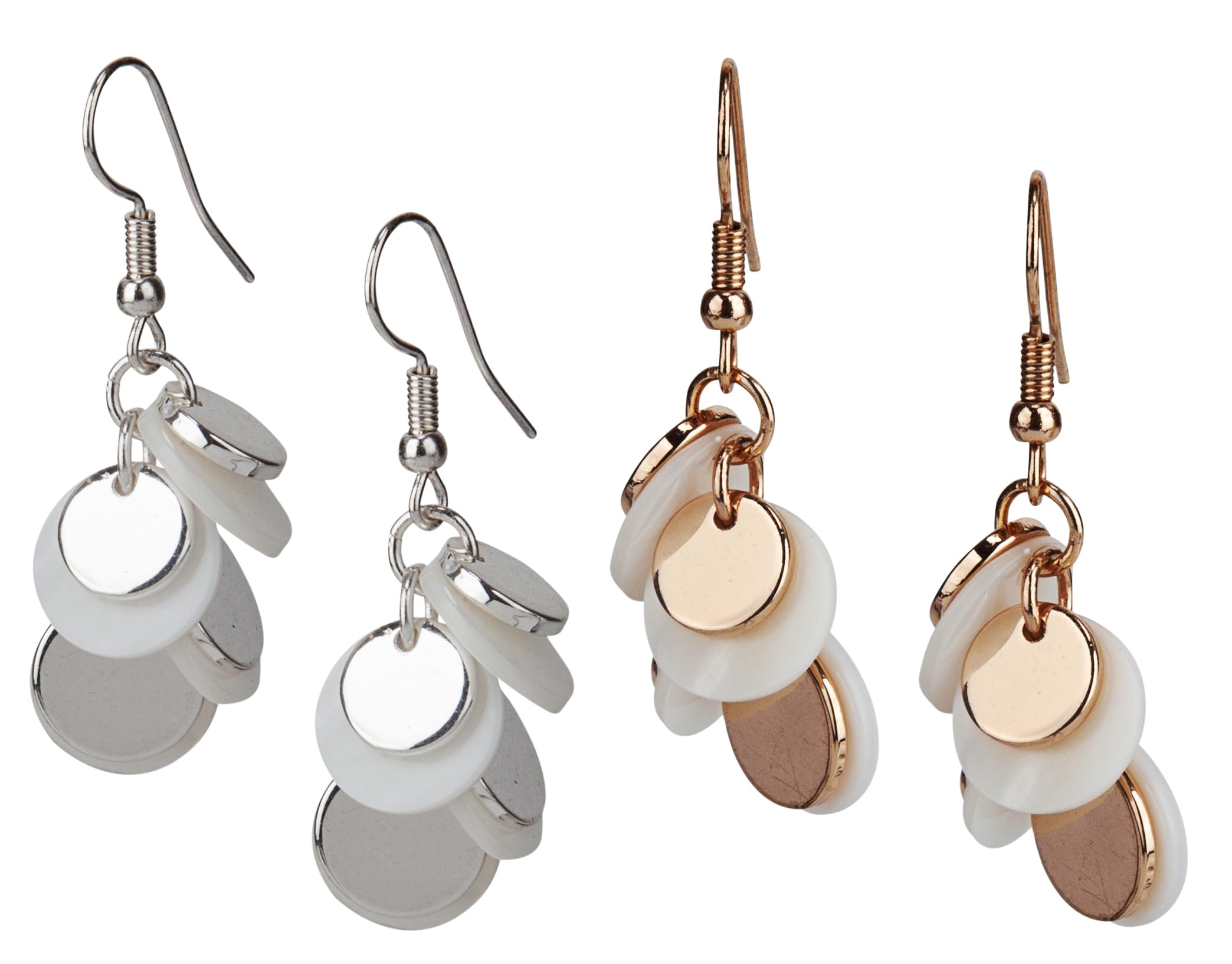 Natural Mother of Pearl Shell Elegant Beach Handmade Light Weight Ocean Circle Silver and Gold Round Disk Cluster Iridescent Earrings for Women (Silver)