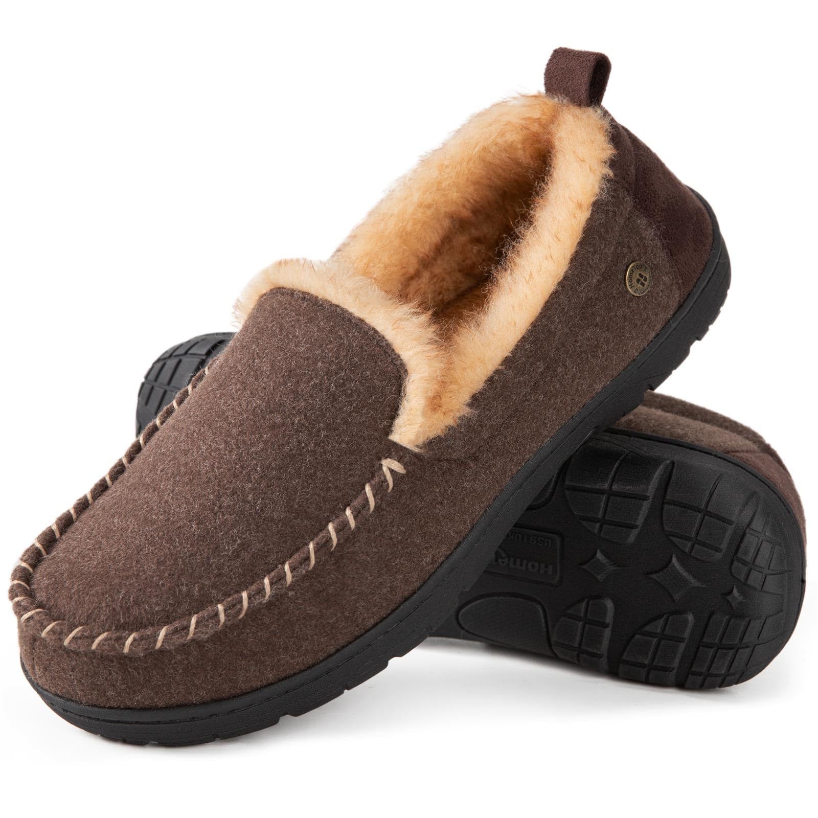HomeTop Men's Memory Foam Moccasin Slippers, Indoor and Outdoor Warm Fuzzy Fleece House Shoes Coffee,10 US