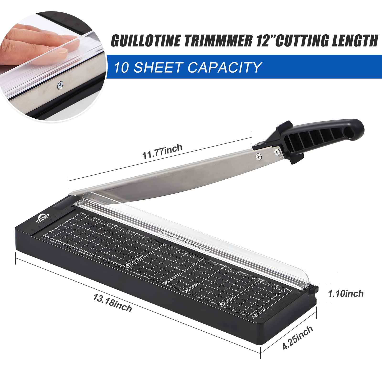 ISDIR Paper Cutter Guillotine, 12 Inch Paper Cutting Board, 12 Sheets Capacity, Heavy Duty Metal Base, Dual Paper Guide Bars, Professional Paper Cutter and Trimmer for Home, Office (12ββ_Black)