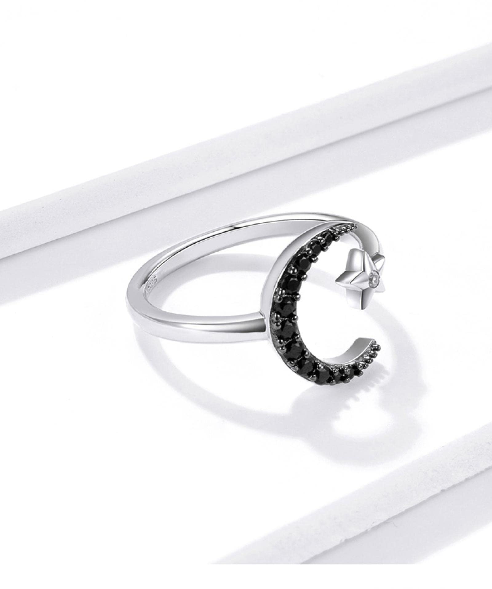 Ladies Sterling Silver Open Ring, Black Moon Zircon, Moon Star Ring, Simple And Romantic, Adjustable Size