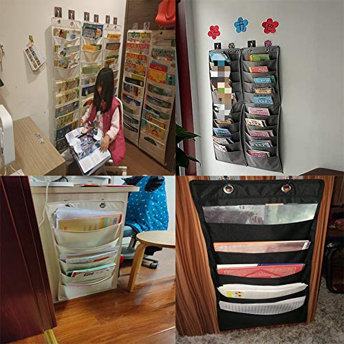 Jkhome Over Door Hanging Wall File Organizer Magazine File Folders Holders Storage Mail, Letter, Key Holder, Document, Book, Decorative Office School Home (Off-White, 5 Pockets-14.17β X 27.56β)