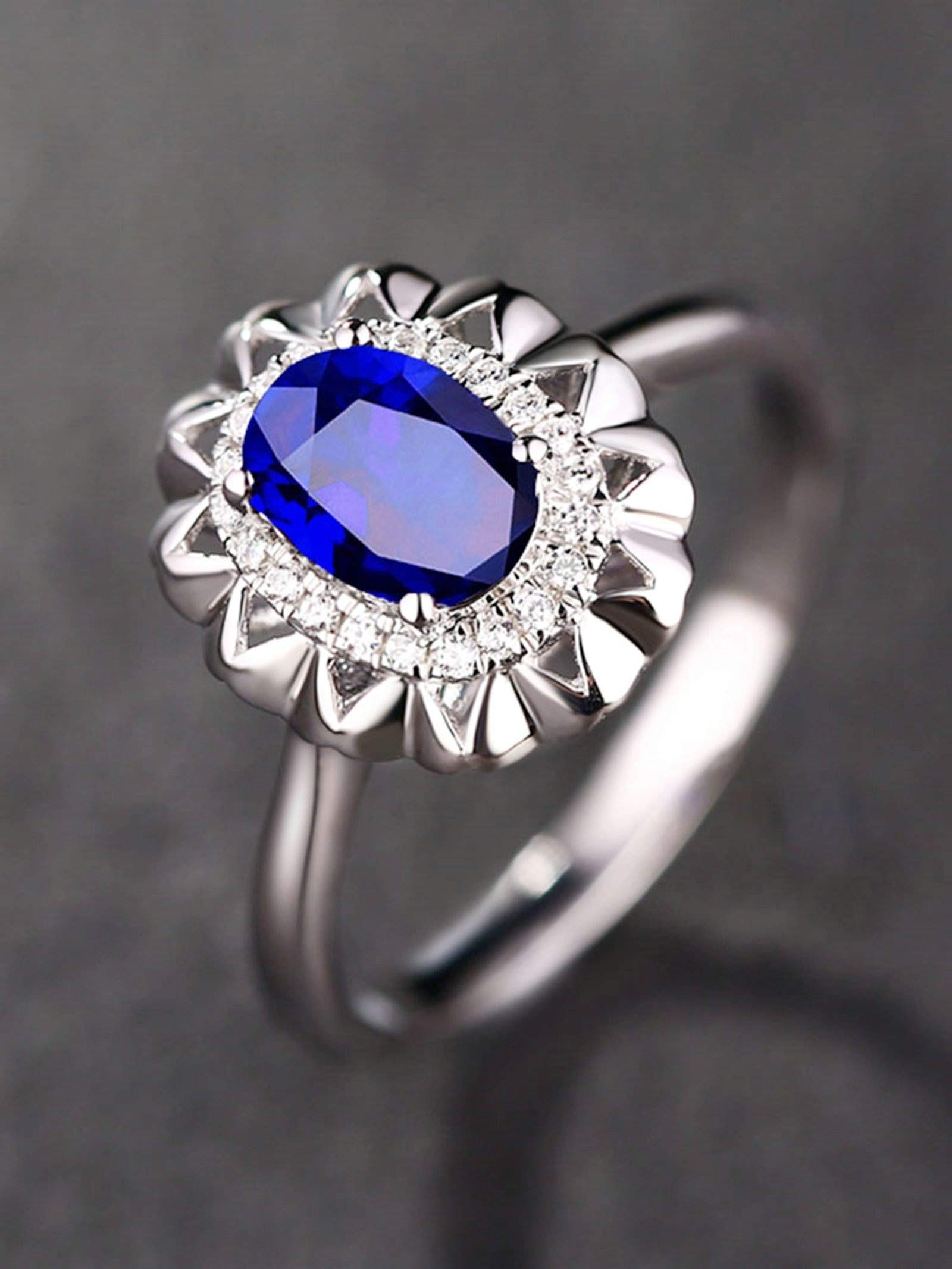 KnBoB Women Flowers Oval Shape 0.6ct Sapphire Ring 18K White Gold Promise Wedding Engagement Bridal Anniversary Ring Size 4