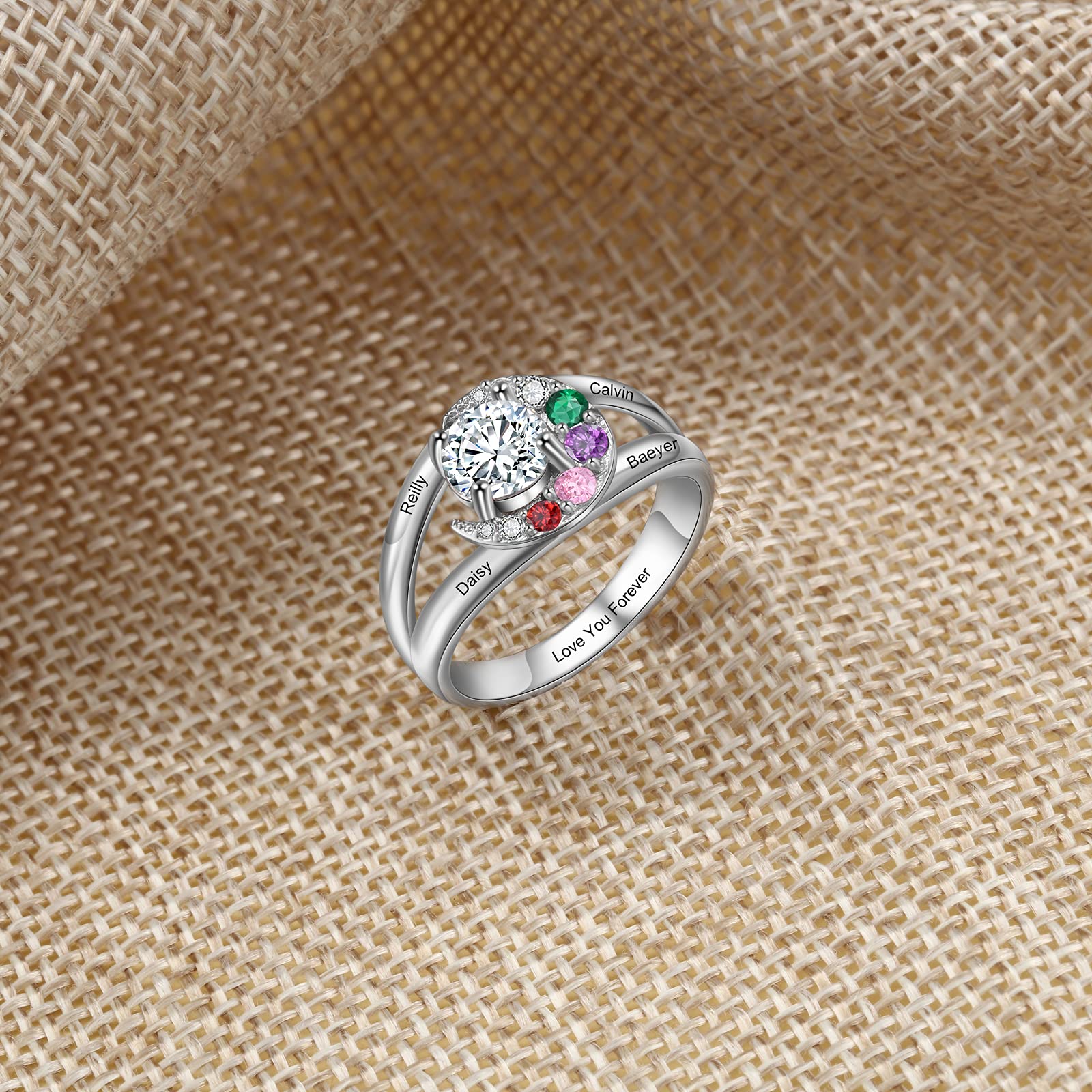 JewelOra Personalized Promise Ring for Her Custom Moon Engagement Ring with Simulated Birthstones Engraved Names Wedding Ring Jewelry Gift for Women Mom(4 names, 9)