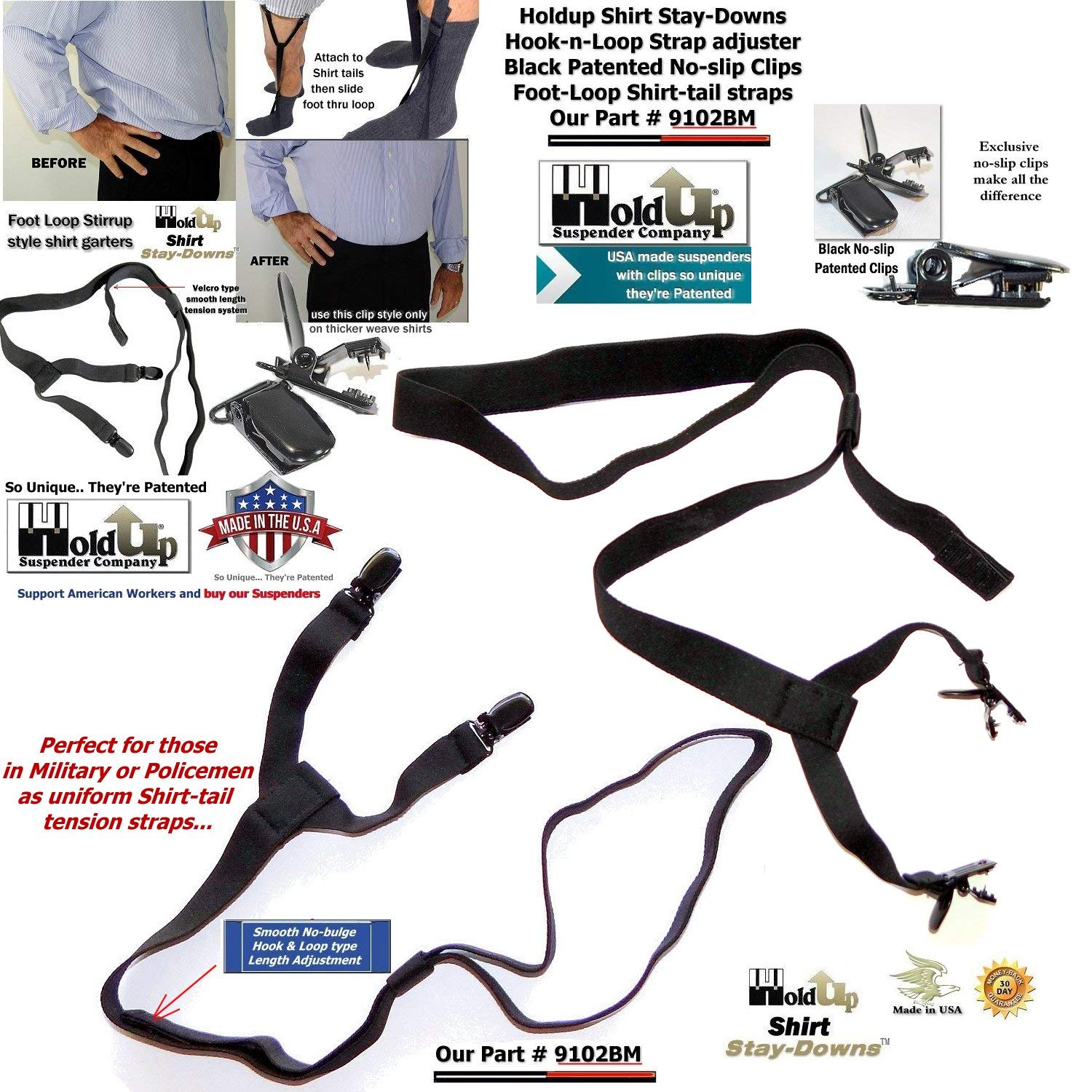 Hold-Ups Stay-downs Dress Shirt Stays Y-Style Metal with USA Patented No-slip Clips