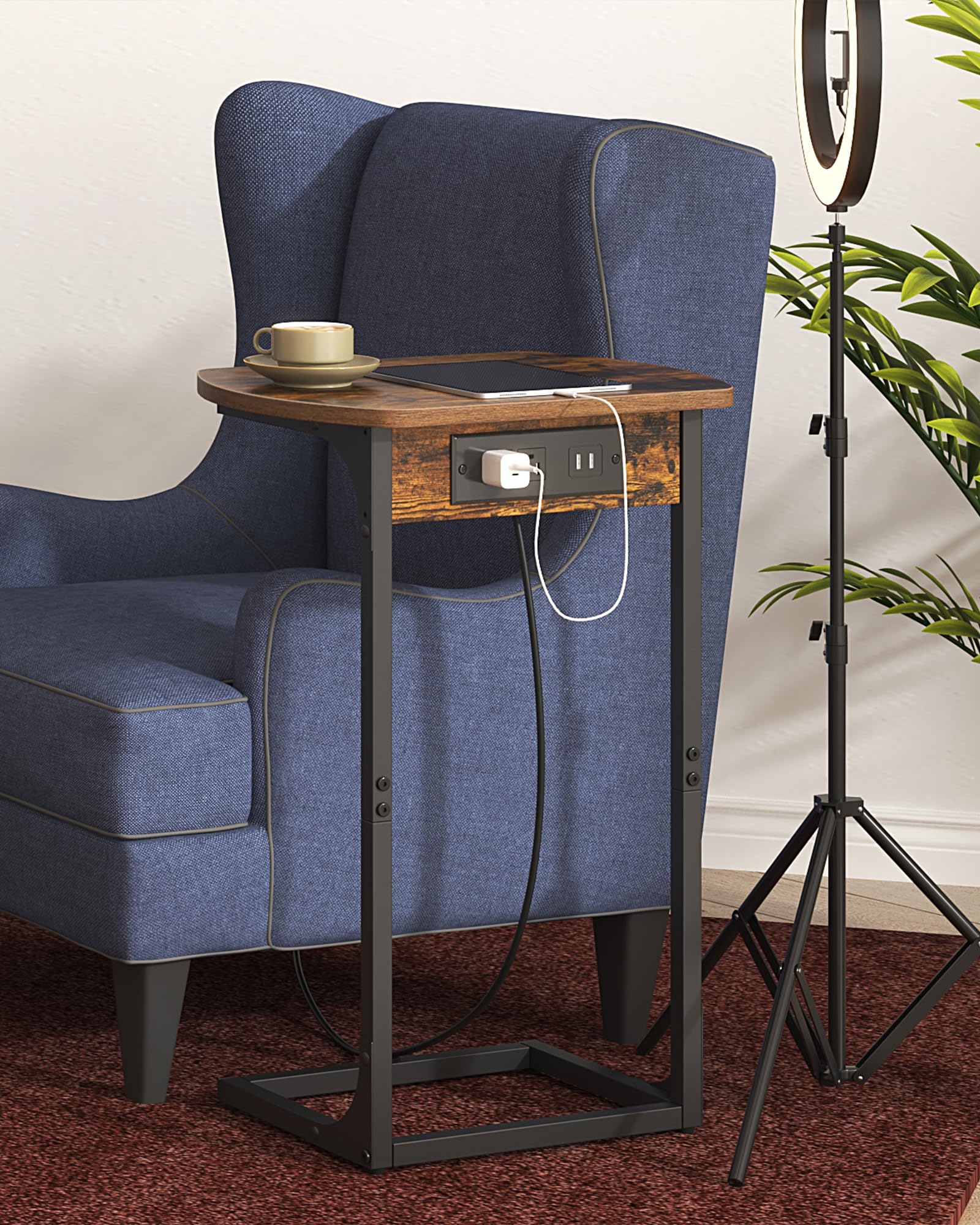 Hzuaneri C Shaped End Table with Charging Station, Bed Side Table with USB Port & Outlet, Couch Table, C Snack Table for Living Room, Bedroom, Rustic Brown and Black ET05101B