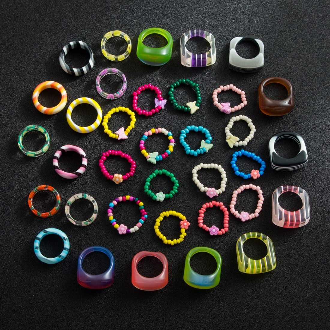K&Y 20PCS resin acrylic color ring 15PCS color flower butterfly beaded ring set cute handmade flower bead ring for Women (Color3)