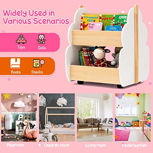 UIIAIOUIAIO Kids Bookshelf, 2-Tier Wooden Storage Shelf Book Rack with Universal Wheel