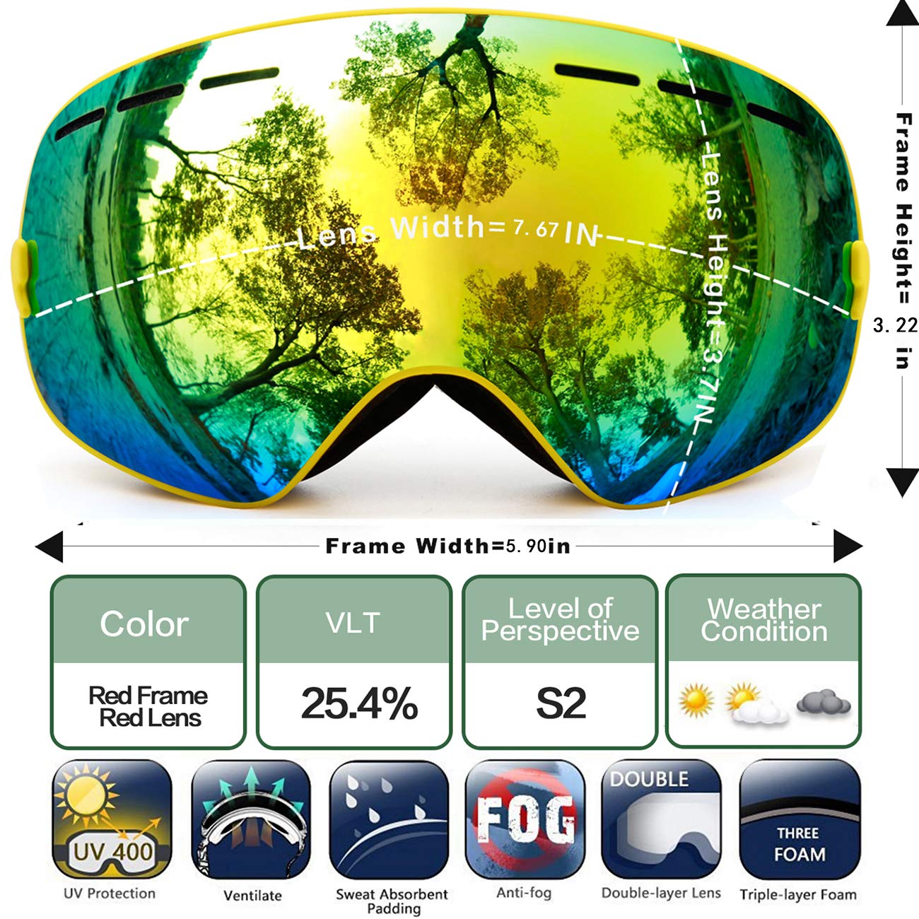 JULI Kids Ski Goggles,Interchangeable Double Layer Spherical Lens,OTG Anti-Fog Snowboard Skate Snow Goggles Age 4-16 4300(Yellow)