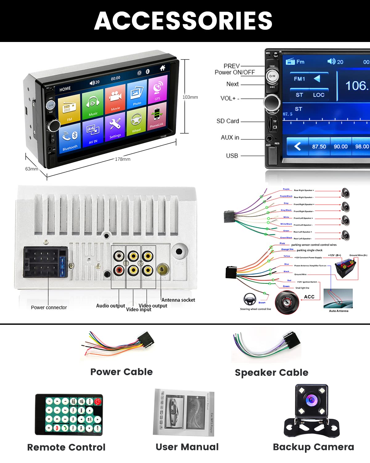 Hikity Double Din Car Stereo Radio with Backup Camera 7 Inch Touch Screen Car Radio Support Mirror Link Bluetooth Handsfree FM Audio Receiver Wireless Remote Control Steering Wheel Control