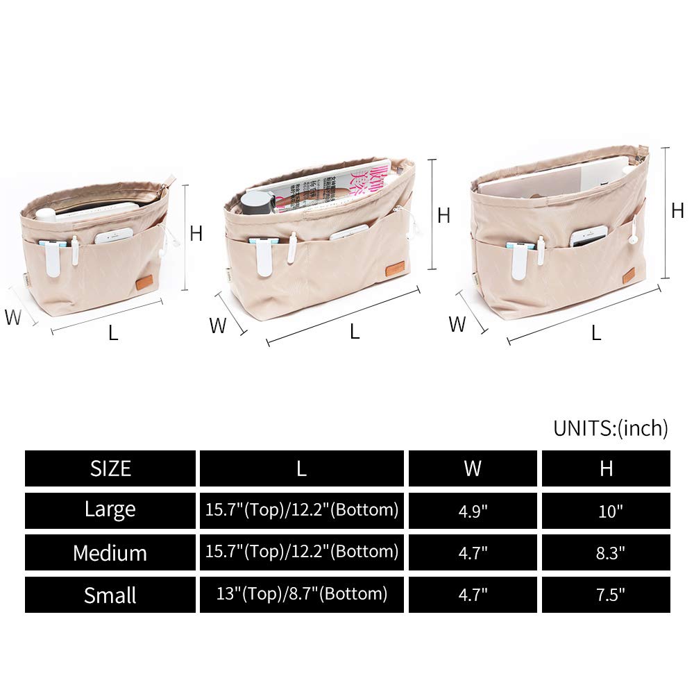 iN. Purse Organizer Insert with zipper Nylon fabric for women Handbags & Totebag beige Size: Large: 15.7"(Top)/12.2"(Bottom) L × 4.9" W × 10" H
