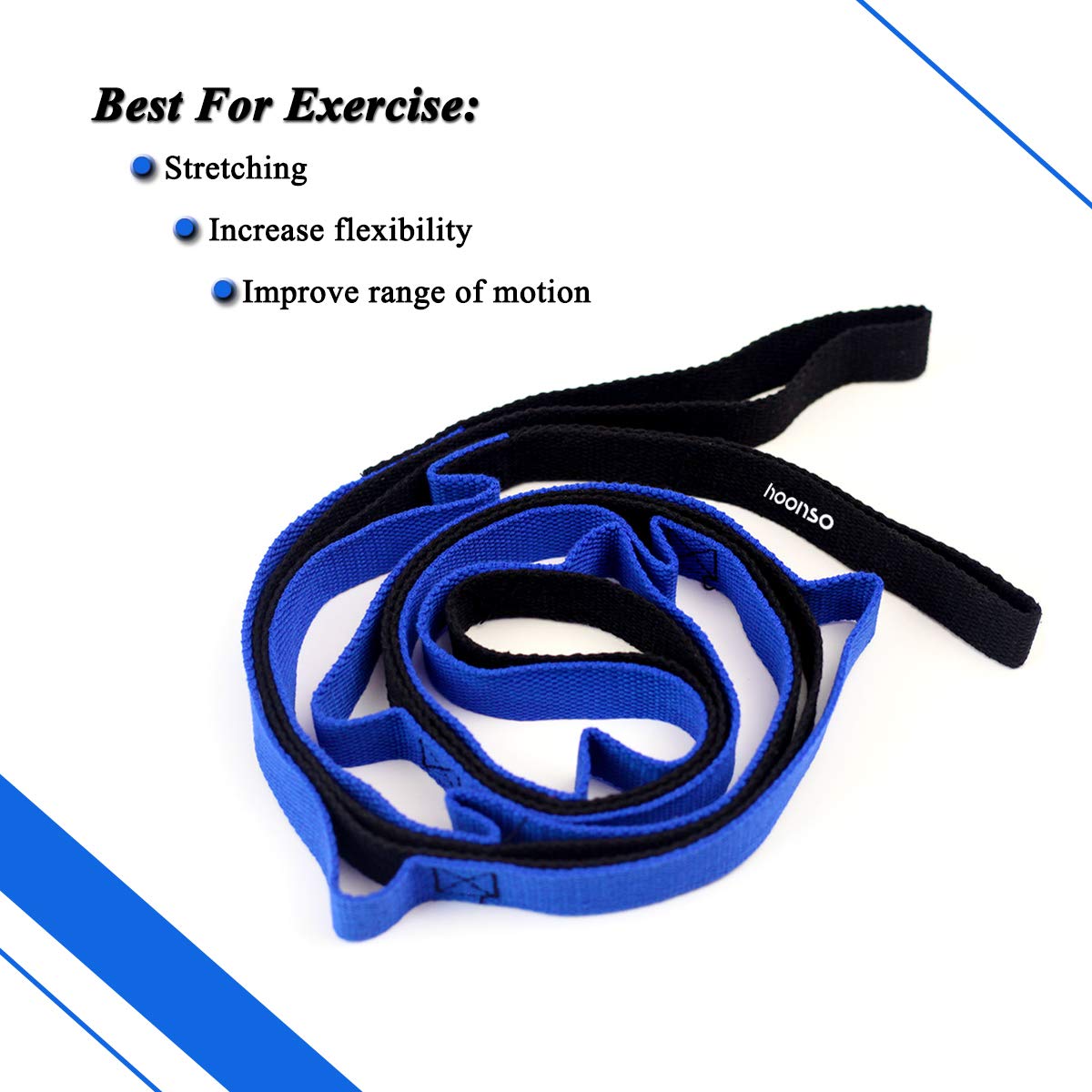 HOONSO Fitness Strap Exercise Stretching Straps 8 Loops Yoga Strap with Carrying Bag for Physical Therapy, Pilates, Home Workout, Blue