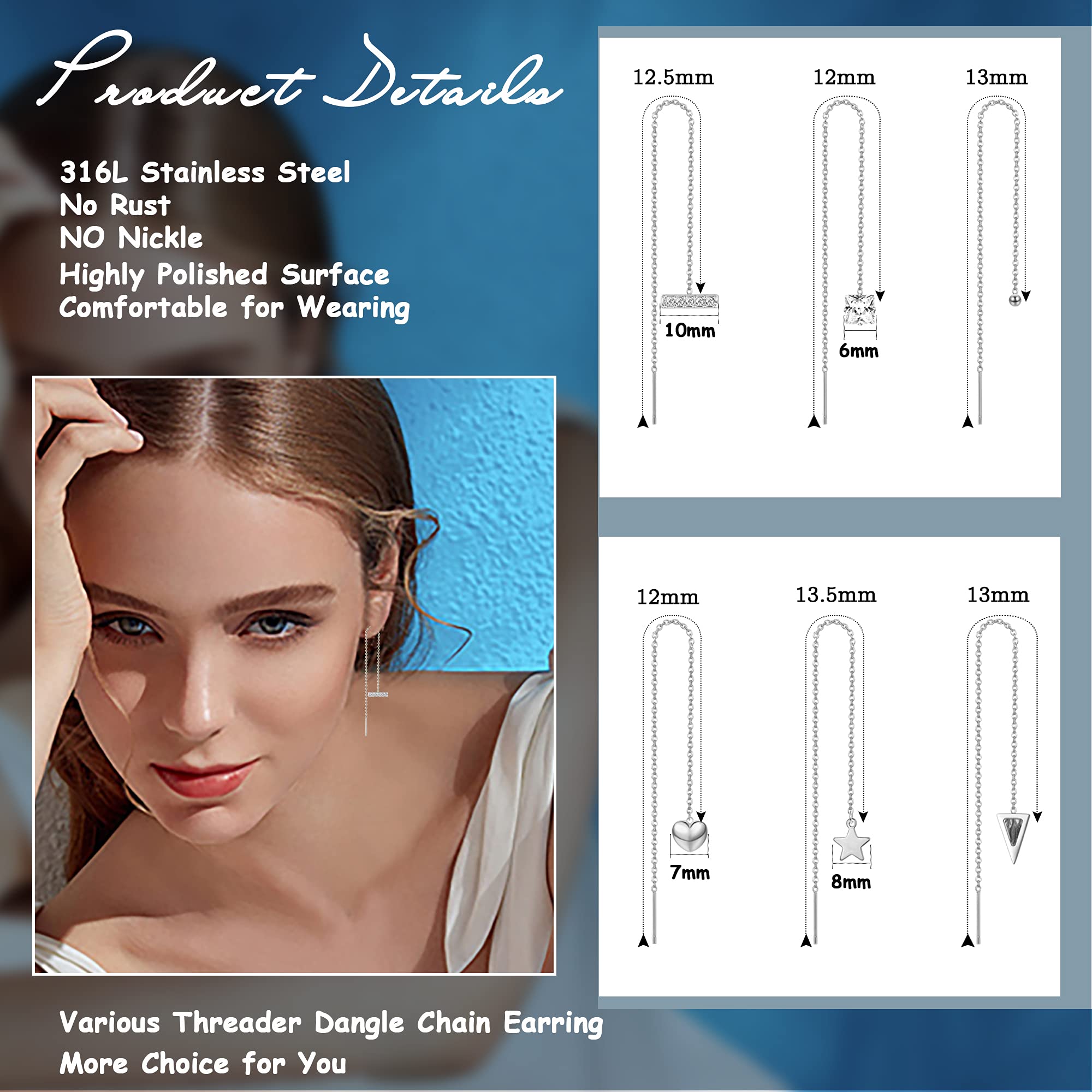 IRONBOX 9Pairs Threader Earrings for Women Stainless Steel Curved Ear Threader Chain Earrings Heart Star CZ Drop Dangle Chain Tassel Threader Earrings Lightweight Threader Earrings Set
