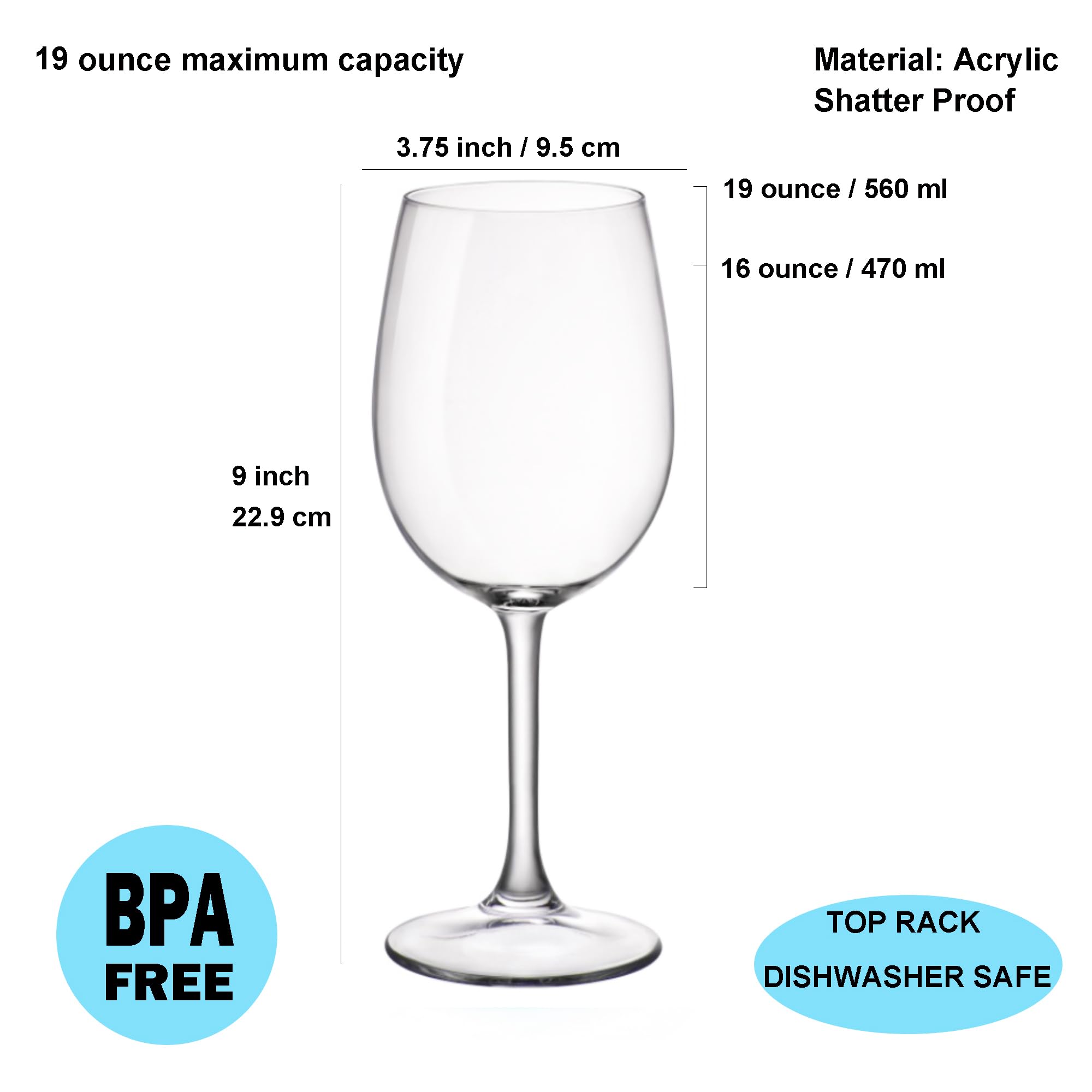KX-WARE Classic Acrylic All-Purpose Wine Glasses, 19-ounce Plastic Stem Wine Glasses, set of 6 Clear