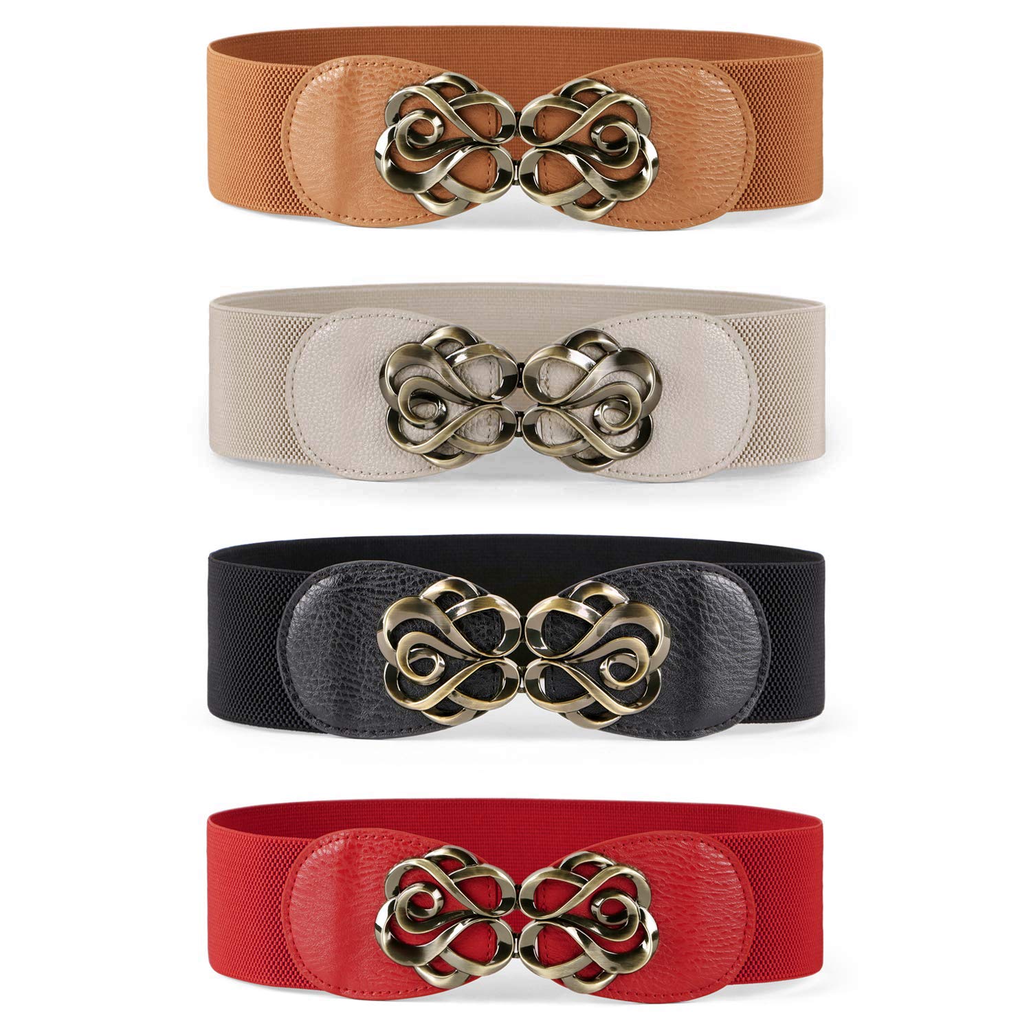 JASGOOD Women Stretchy Belts for Dresses Vintage Elastic Wide Waist Belts, Fit Waist Size 28"-35", A-Black+Brown+Beige+Red(4 PCS)