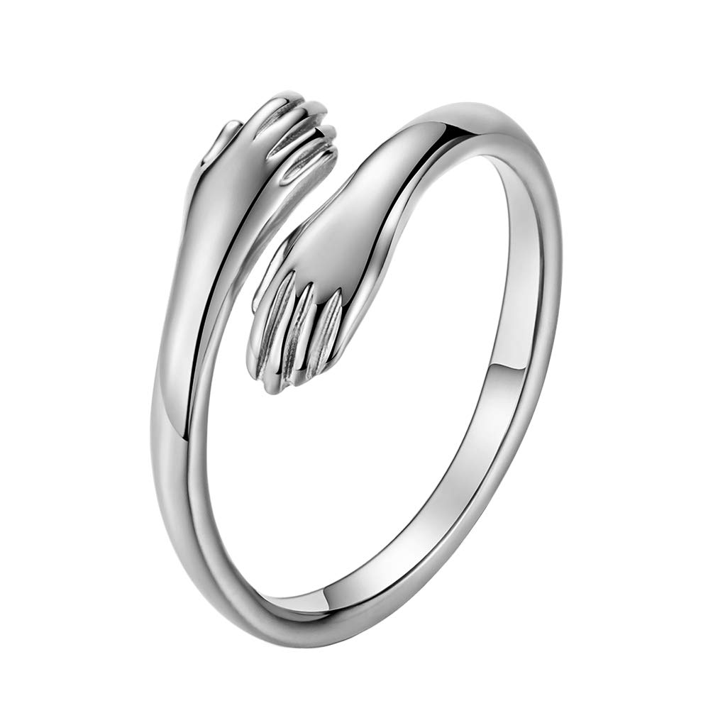 INRENG Unisex Stainless Steel Hands Embrace Open Couples Wedding Ring Romantic Love Hug Jewelry, Silver Size 6