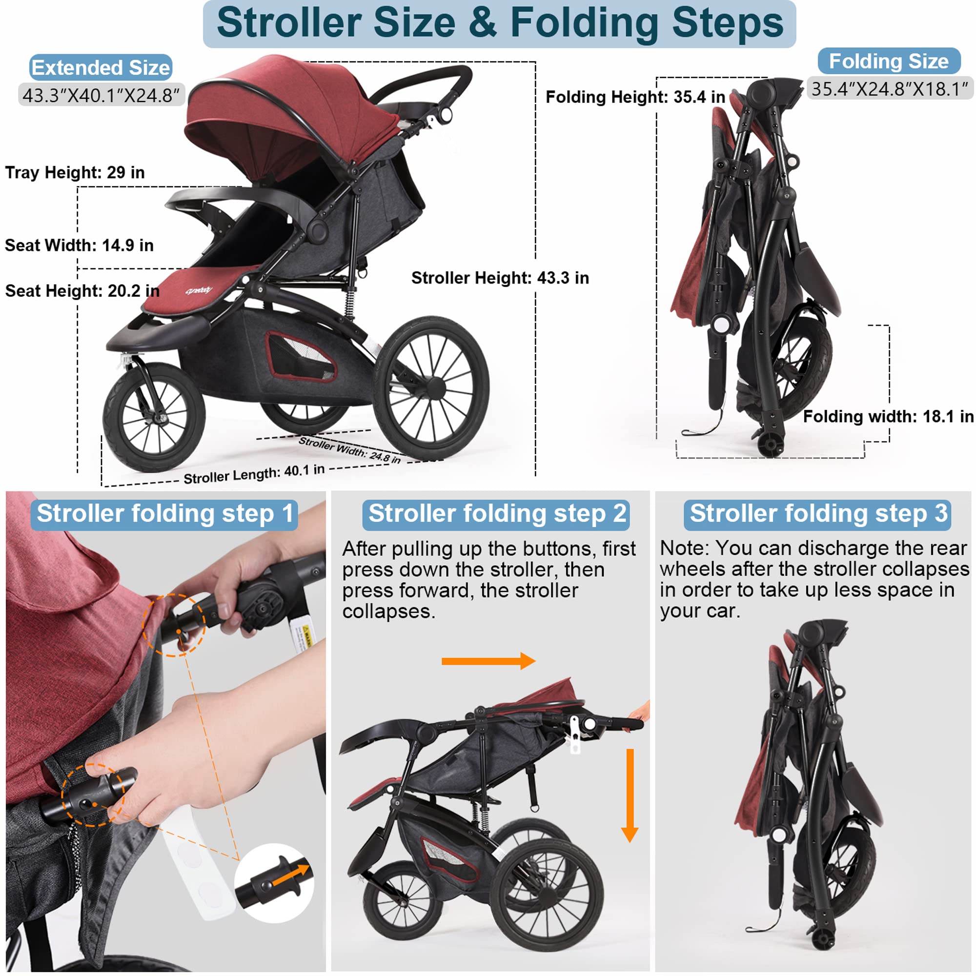 Jogging Stroller for Baby - Lightweight Jogger Strollers, 3 Wheels Compact Light Weight Stroller for Babies and Toddlers Infant Red