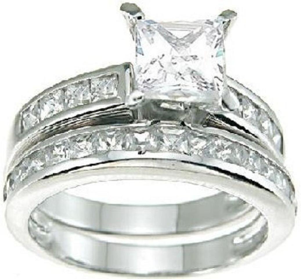 LaRaso & Co Princess Cut Wedding Band Engagement Ring Set in 925 Sterling Silver Size 7
