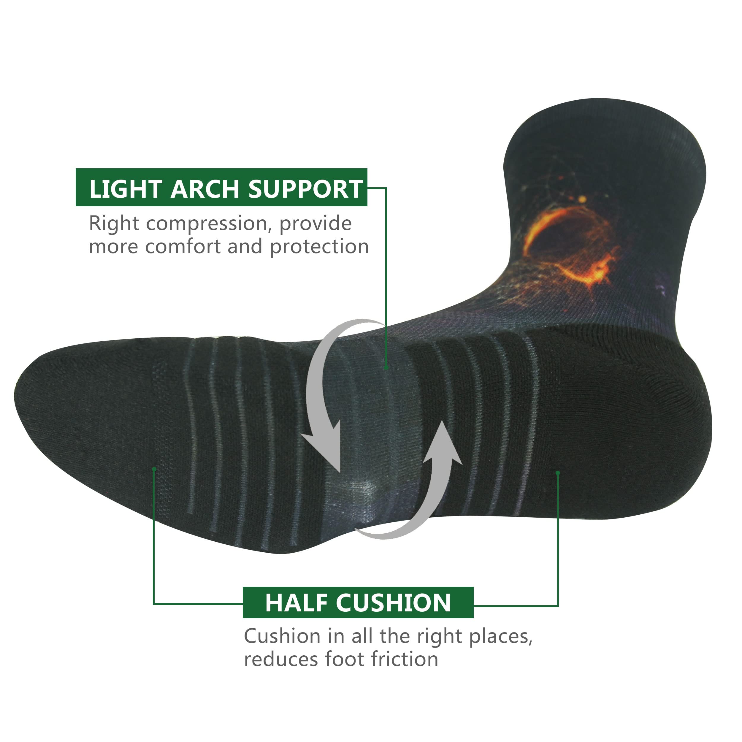 HUSO Galaxy Print Comfortable Moisture Wicking Dress Atheletic Mid Calf Hiking Socks 4 Pairs for Men Women (Multicolor, L/XL)
