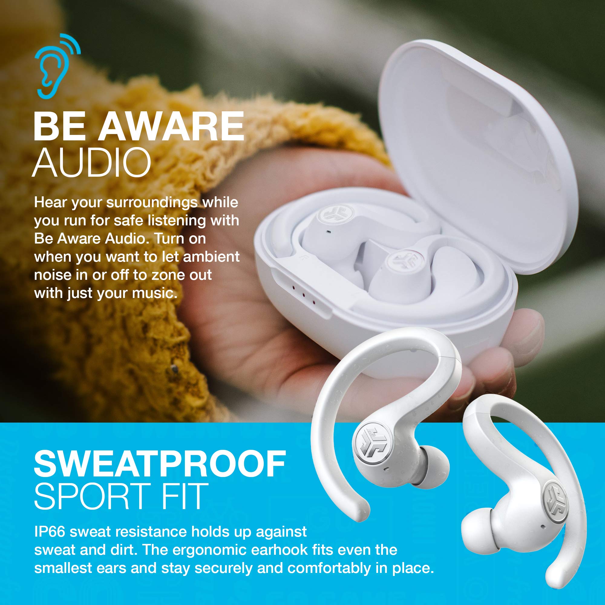 JLab JBuds Air Sport True Wireless Bluetooth Earbuds + Charging Case, White, IP66 Sweat Resistance, Class 1 Bluetooth 5.0 Connection, 3 EQ Sound Settings Signature, Balanced, Bass Boost