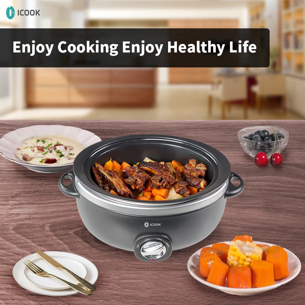 ICOOK USC-65-OP001BK 6.5 Quart Slow Cooker,Aluminium Sear/Sauté Stew Pot Stovetop safe,Dishwasher Safe,Glass Lid,Adjustable Temp,Food Warmer(Black)