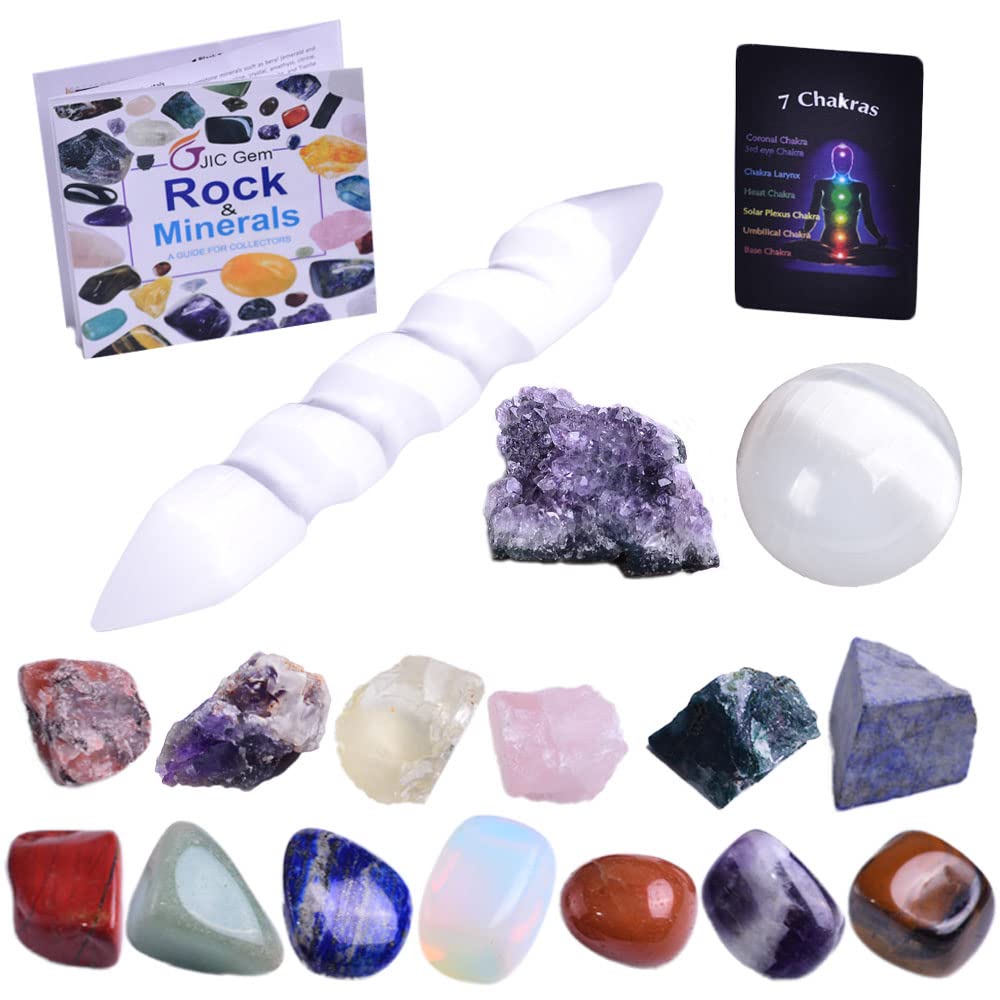JIC Gem Healing Crystals Kit (16 pcs Set), 6 Raw Chakra Stones, 7 Tumbled Gemstones, Amethyst, Selenite Spiral Wand Double Points, Selenite Sphere Ball