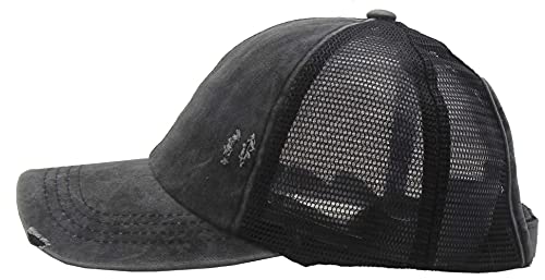 KKMKSHHG Criss Cross Baseball Caps, Women Ponytail Mesh Hat Distressed High Messy Bun Trucker Ponycap Black