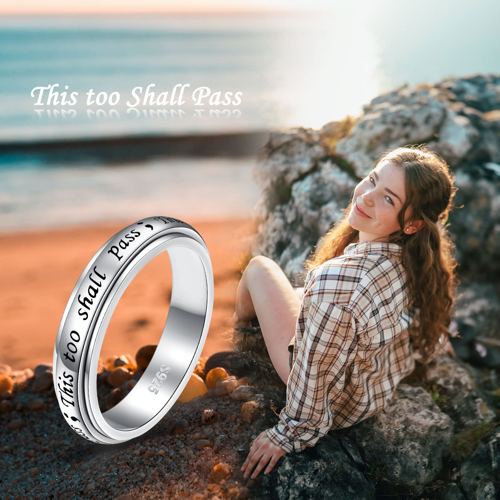 Ladytree Semicolon Anxiety Relieve Spinner Rings Sterling Silver This Too Shall Pass Fidget Ring ADHD Stress Relieving Ring Size 7
