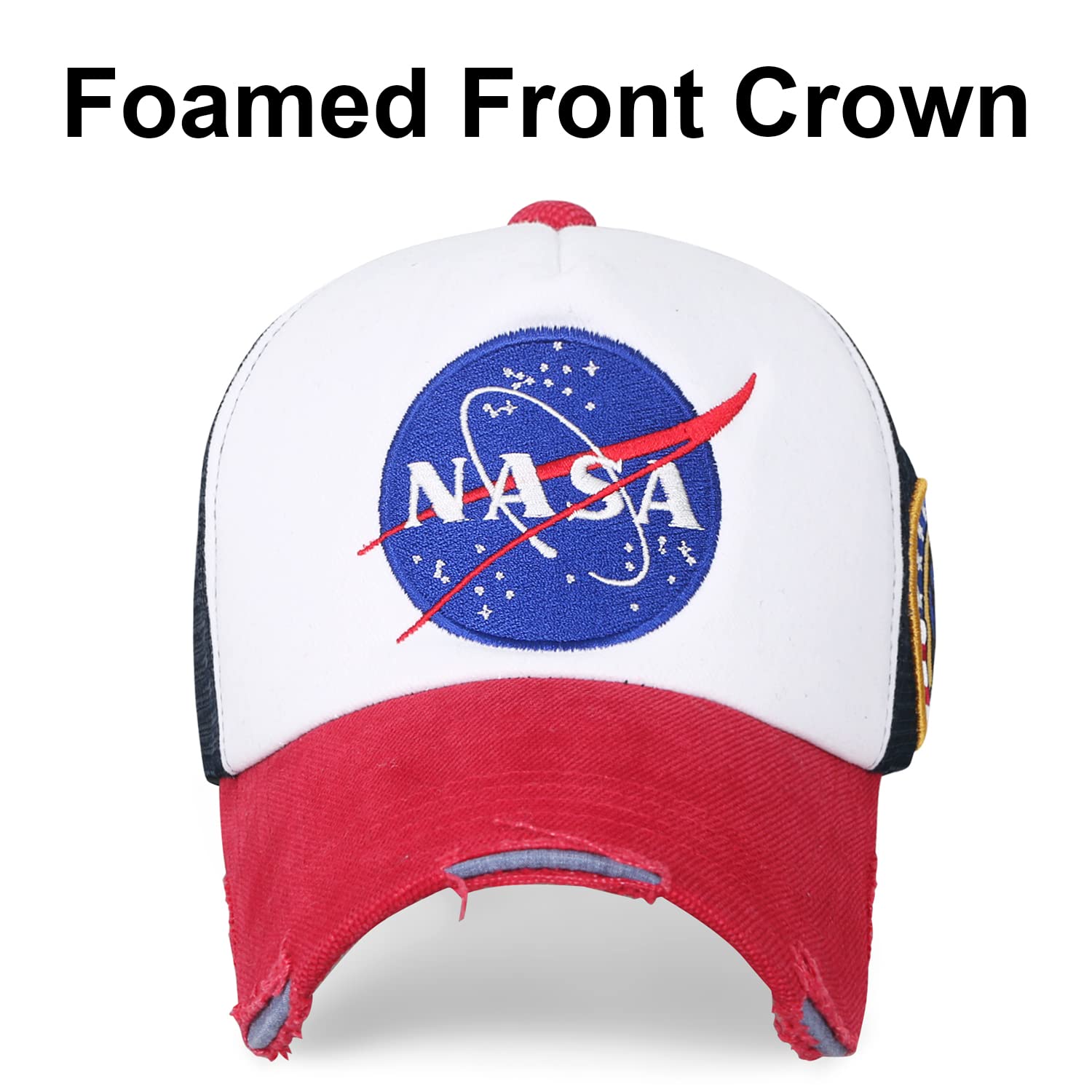 ililily NASA Meatball Logo Embroidery Baseball Cap Apollo 1 Patch Trucker Hat, Red & White