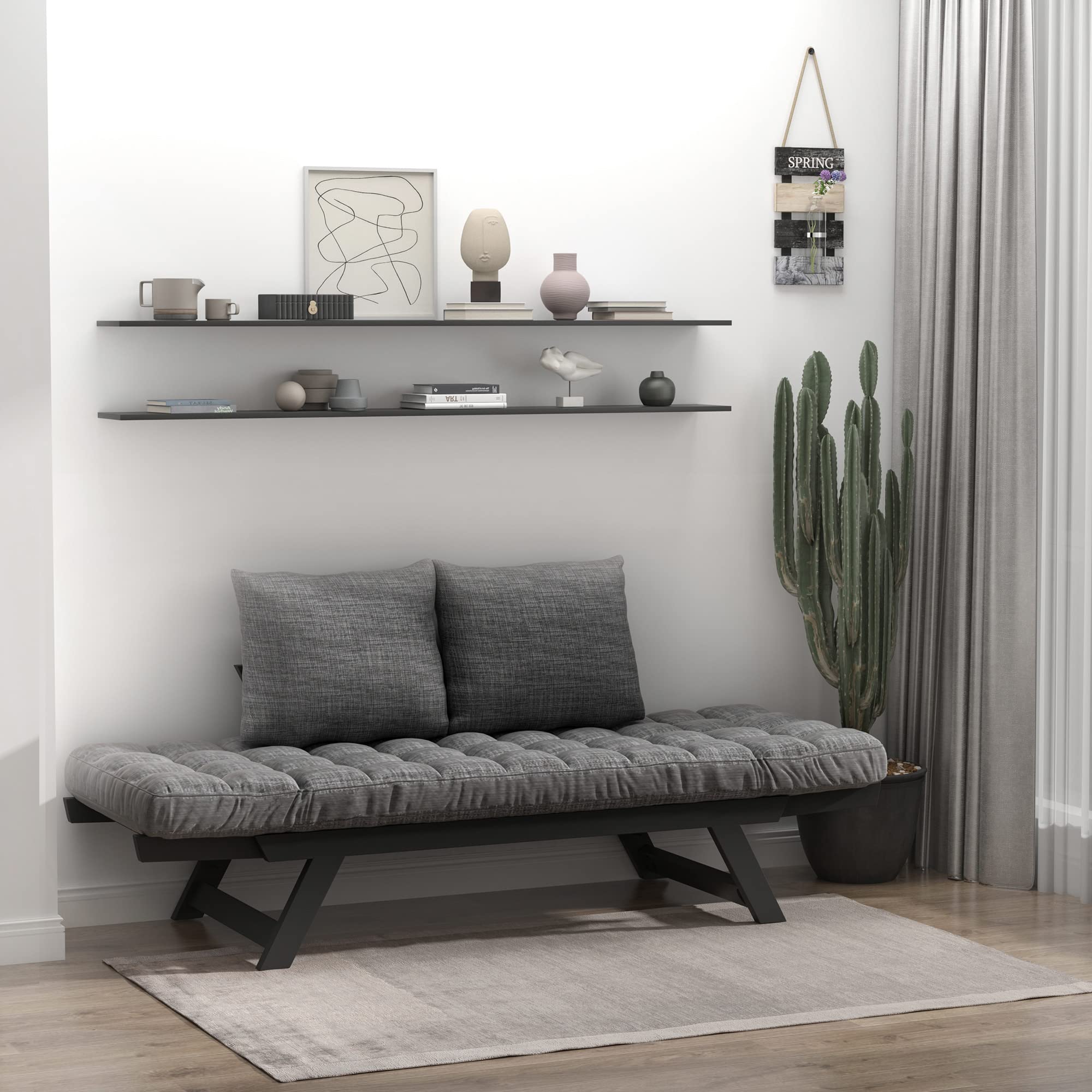 HOMCOM Single Person 3 Position Convertible Chaise Lounger Sofa Bed with 2 Large Pillows and Oak Frame, Light Gray