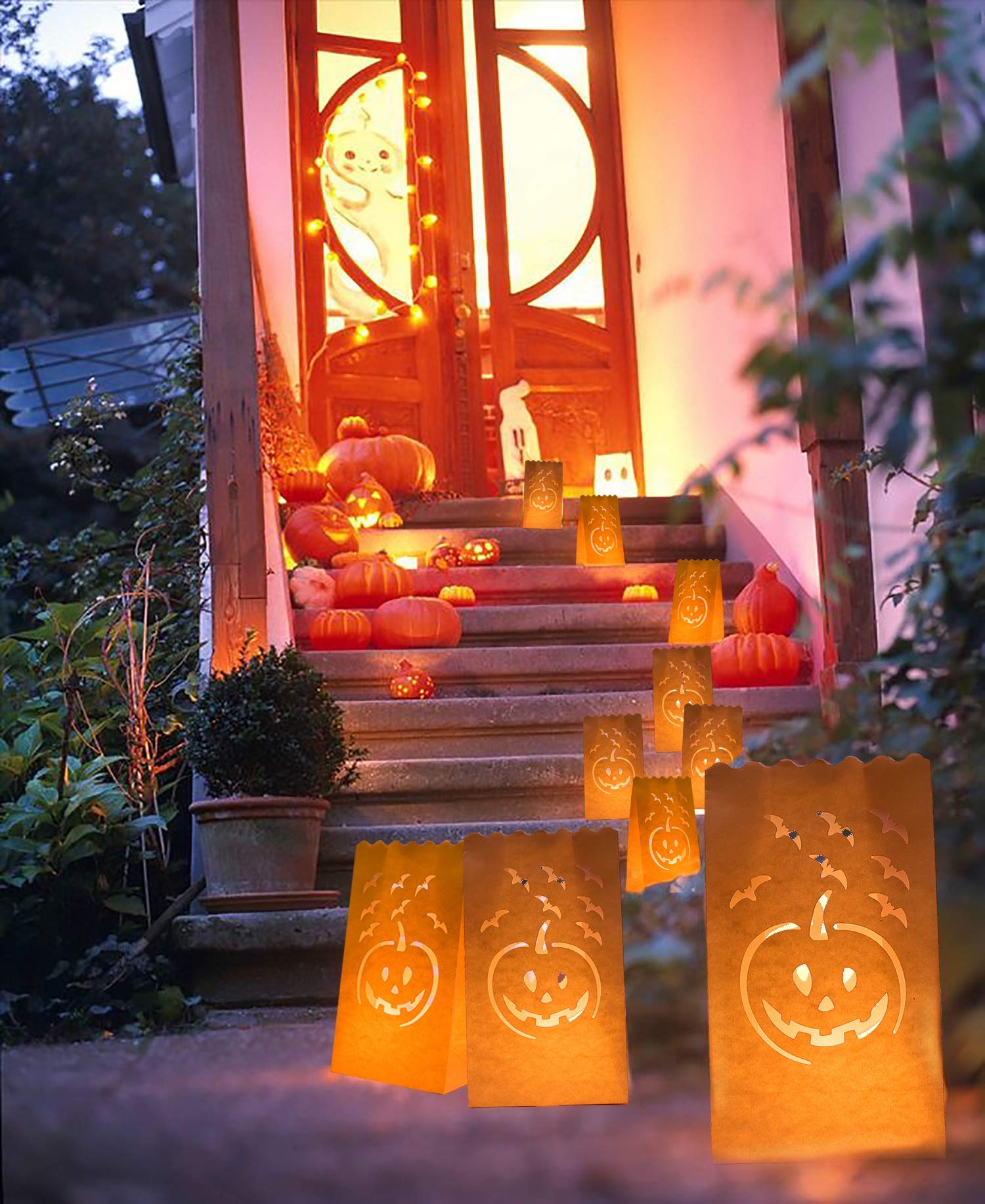 Homemory 24 Pack Halloween Luminary Bags, Flame Resistant Luminaries, Orange Tea Light Candle Bags for Halloween Decoration, Parties, Fall Festival