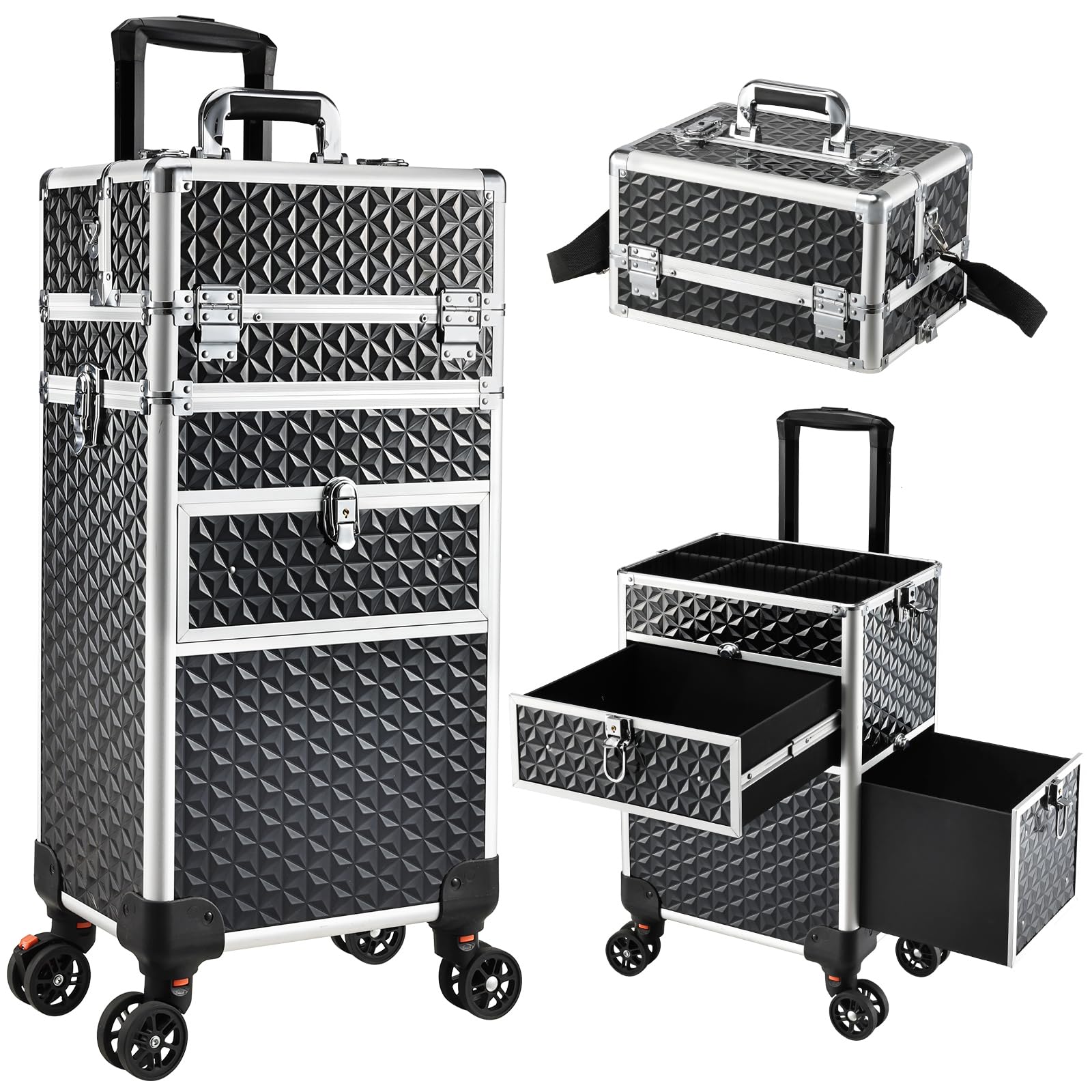 Joligrace Rolling Makeup Case with Wheels Professional Cosmetology Large Train Case Wheeled Cosmetic Trunk with 8 Divided Trays for Makeup Artist, Hair Stylish or Home Use - Black