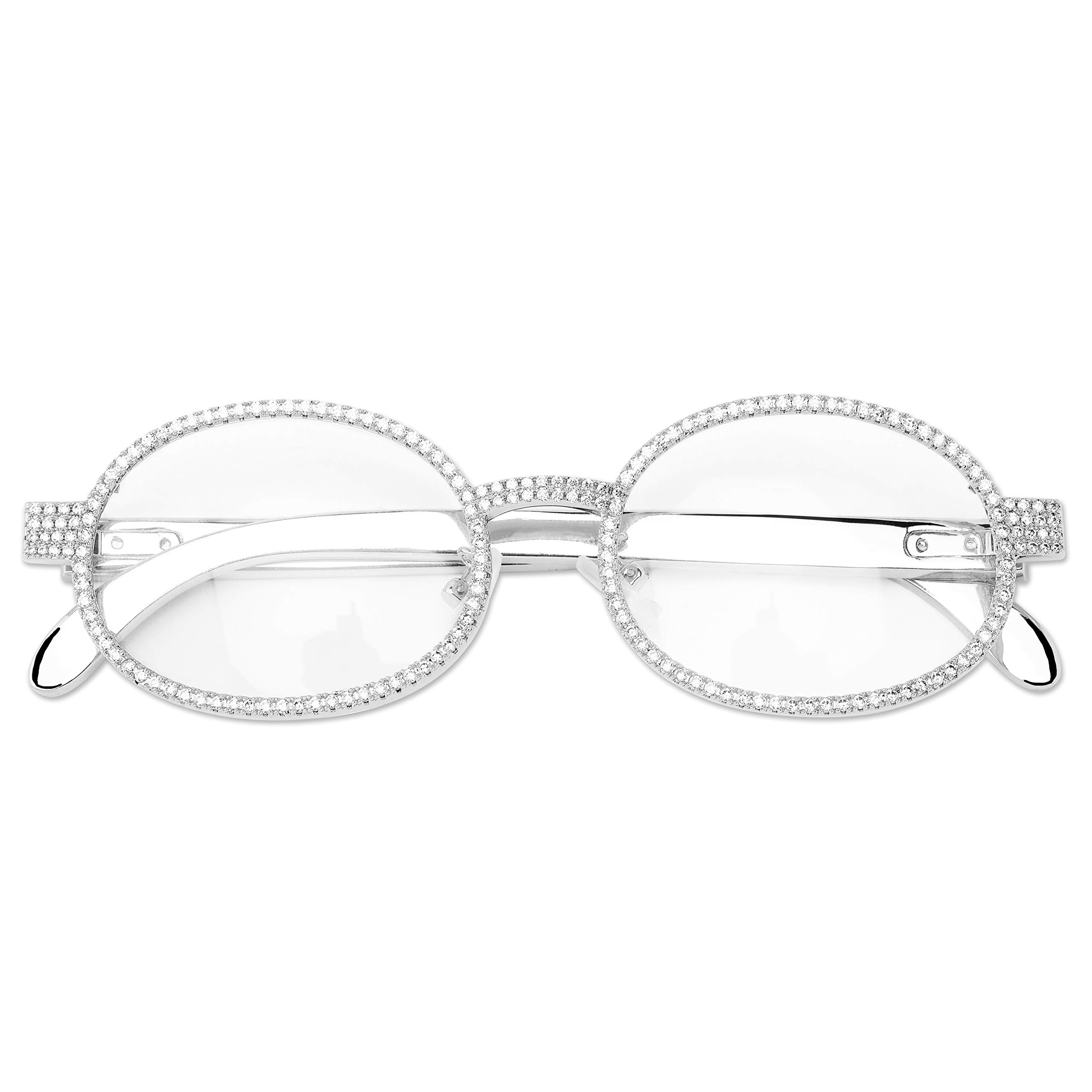 JINAO Men's 18k Gold Plated Vintage Retro Iced Out Metal/Wood Frame Glasses (Silver)