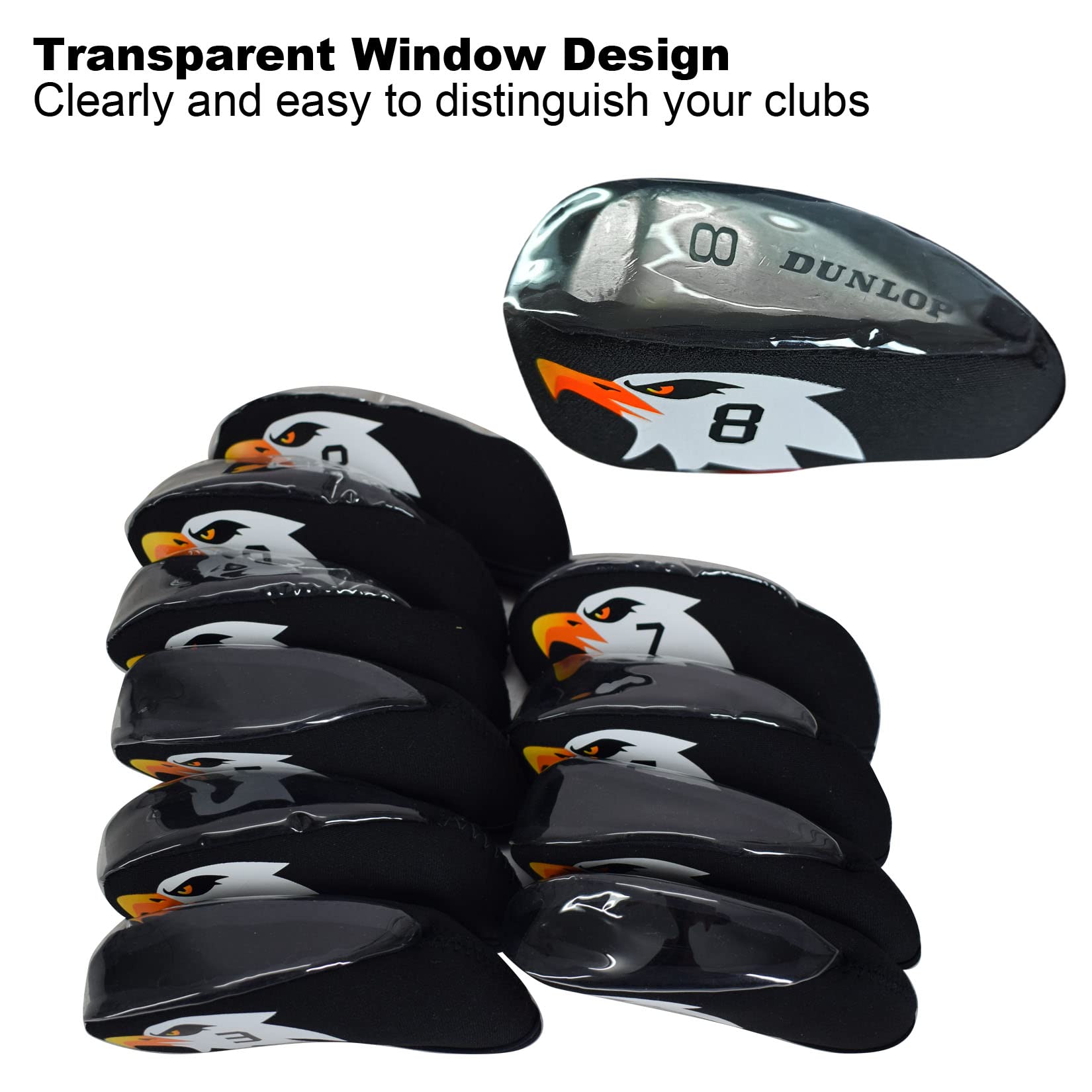LAISUNTIM Golf Iron Head Covers, Neoprene Iron Protective Headcover Set with Top Window(Black)