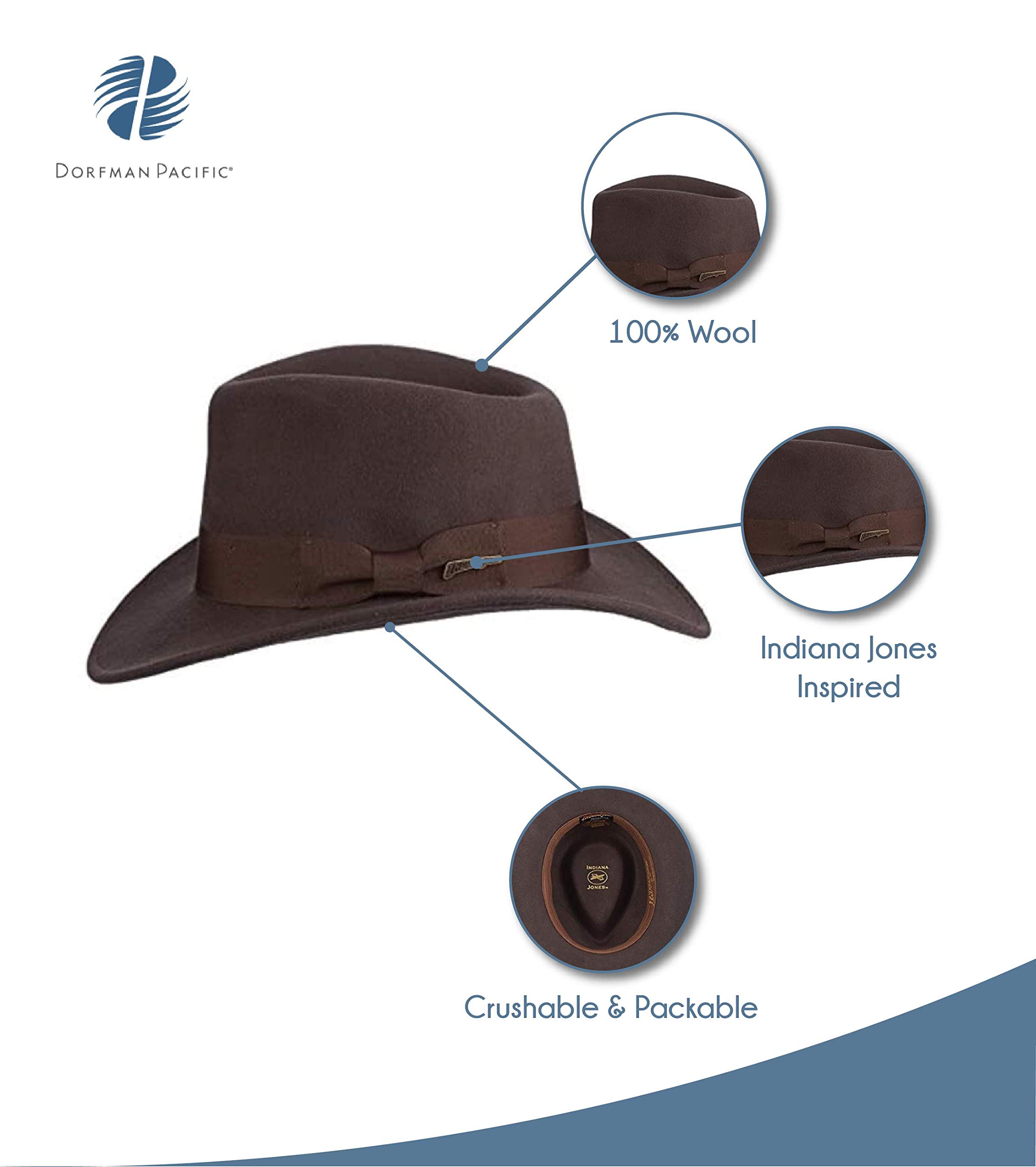 Indiana Jones Men's Water Repellent Wool Felt Fedora, Brown, Large