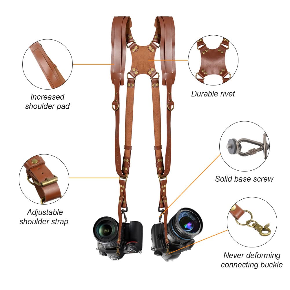 Jumyee Dual Camera Strap, Camera Harness for Photographers Adjustable Shoulder Straps Belt for 2 Cameras - Double Camera Body Strap Accessories (Brown)