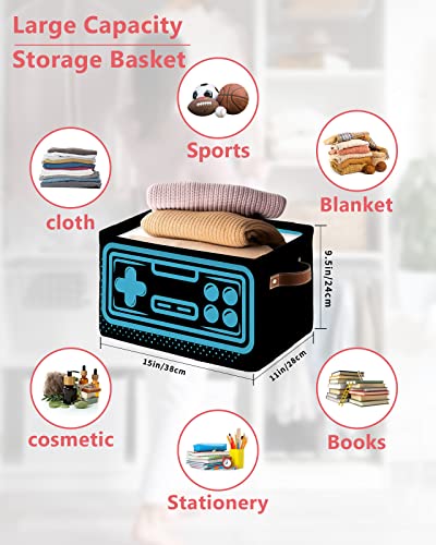 Video Game Cube Storage Organizer Bins with Handles,1PC Collapsible Canvas Cloth Fabric Storage Basket,Blue Gamer Kids Boys Gamepad Console Game Controller Kids' Toys Bin Boxes for Shelves