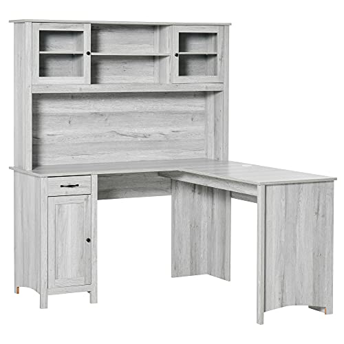 HOMCOM L-Shaped Desk with Hutch, Computer Desk with Drawers, Home Office Corner Desk Study Workstation Table with Storage Cabinets Shelves, Grey