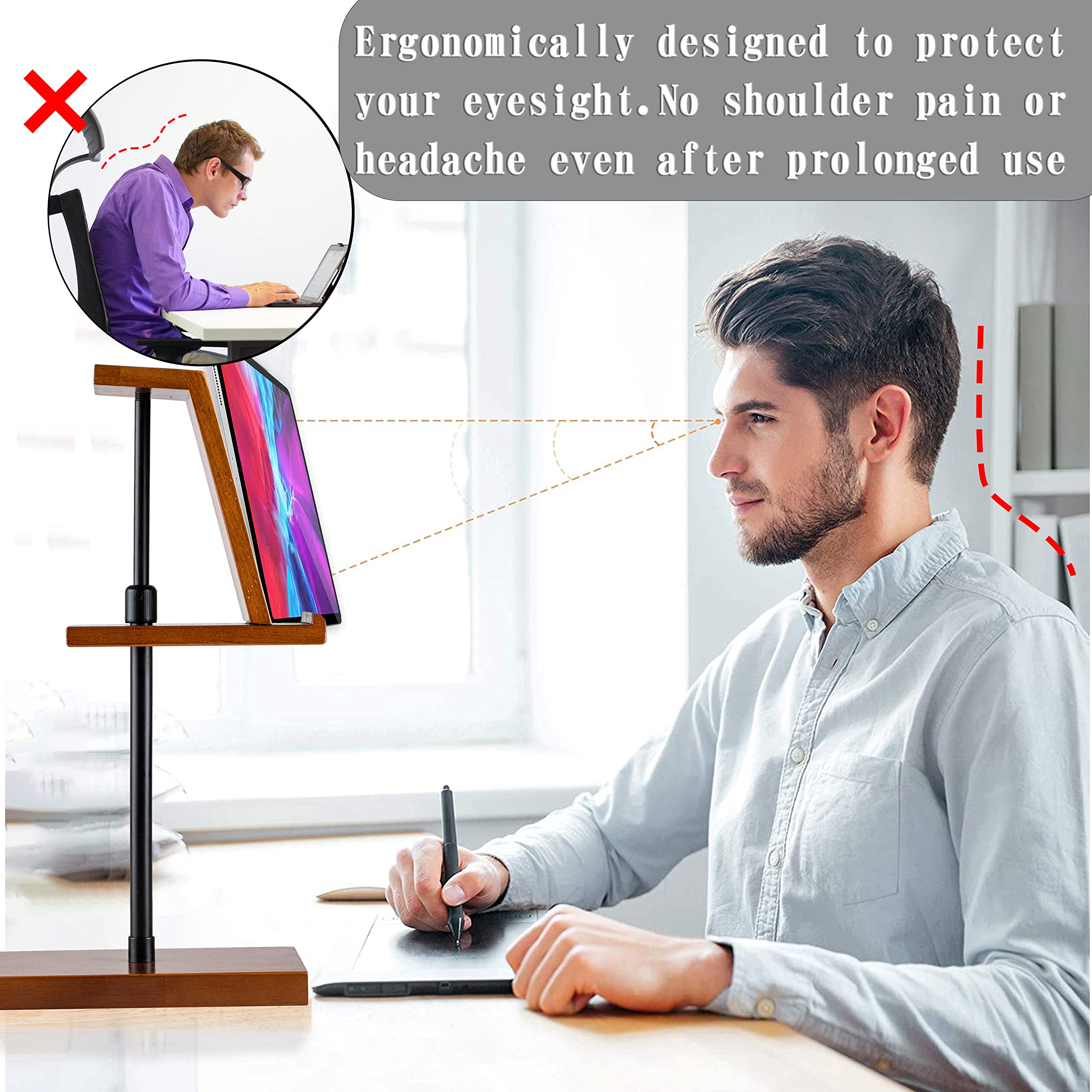 Shevvi Wood Tablet Stand, Cell Phone Stand Holder with Height Adjustable 360 Degree Rotation, Walnut Wood Charging Dock for Desk, Compatible with iPad iPhone Kindle Reader Bigger Sized Tablets