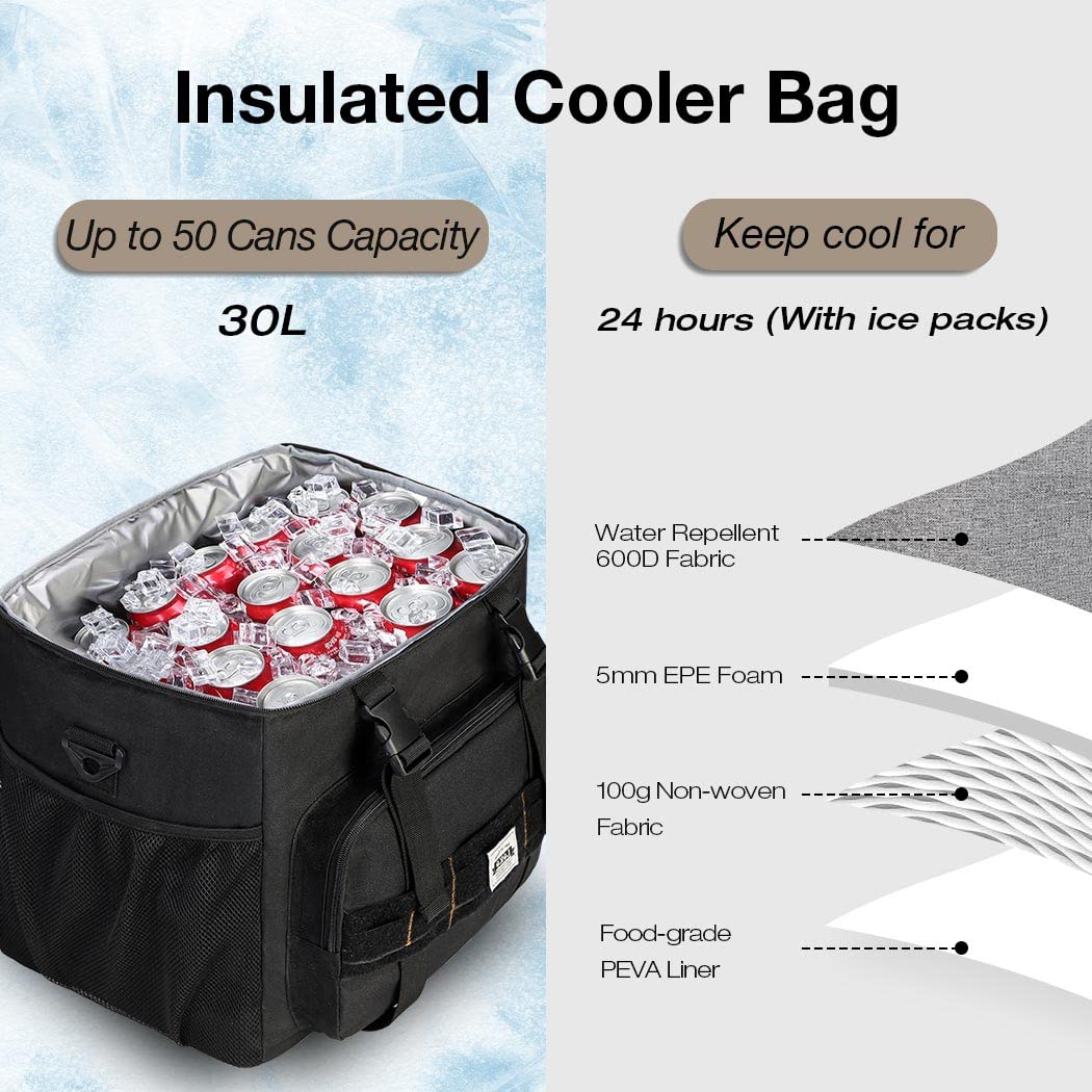 Lekebobor Cooler Bag 50Cans 30L Large Lunch Bag for Men Insulated and Collapsible Picnic Bag with Cup Holder, Black