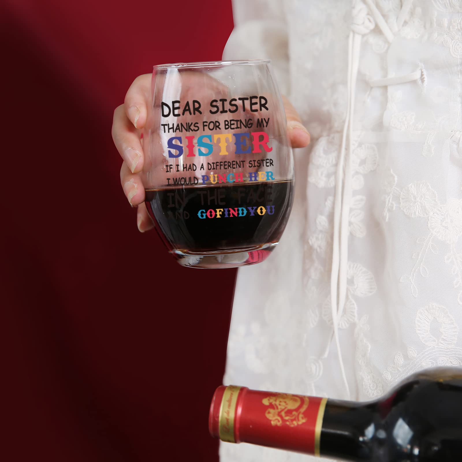 Jogskeor Thanks for Being My Sister Stemless Wine Glass 15oz, Sister Gift Friend Gifts for Birthday, Valentines, Christmas
