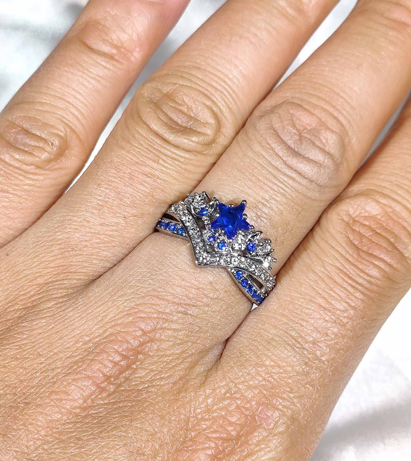MASHAN Couple Rings Matching Rings His Her Ring Stars and Moon Princess Ring Blue CZ Women's Wedding Ring