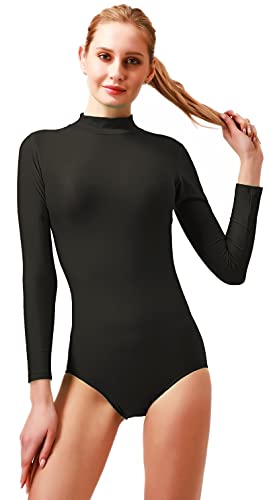 Javly Turtleneck Bodysuit for Women Long Sleeve Ballet Dance Leotards with Zipper on Back Undergarment Spandex Bodysuits Jumpsuits Black XXL