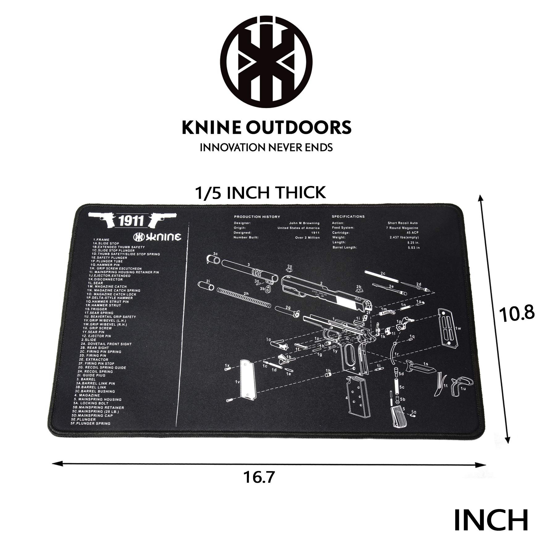 KNINE OUTDOORS Non-Slip Handgun Cleaning Mat Detailed Pistol Diagram & Assembly Instructions Thick & Durable Oil Resistant & Waterproof Rubber Material Protective Mat, 17”x11”, 2 Pack, (1911)