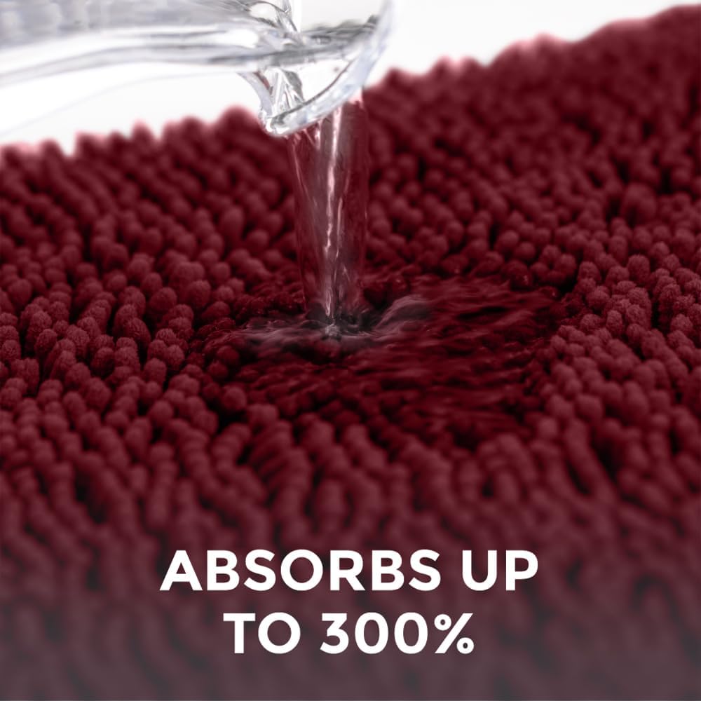 HOME GENIE Muddy Dog Machine-Washable Absorbent Soft Chenille Indoor-Doormat, Rubber Backing, Quick Dry Microfiber Mat, Entryway Front Door Mat, Home Entrance Welcome Doormats, 24x17, Maroon
