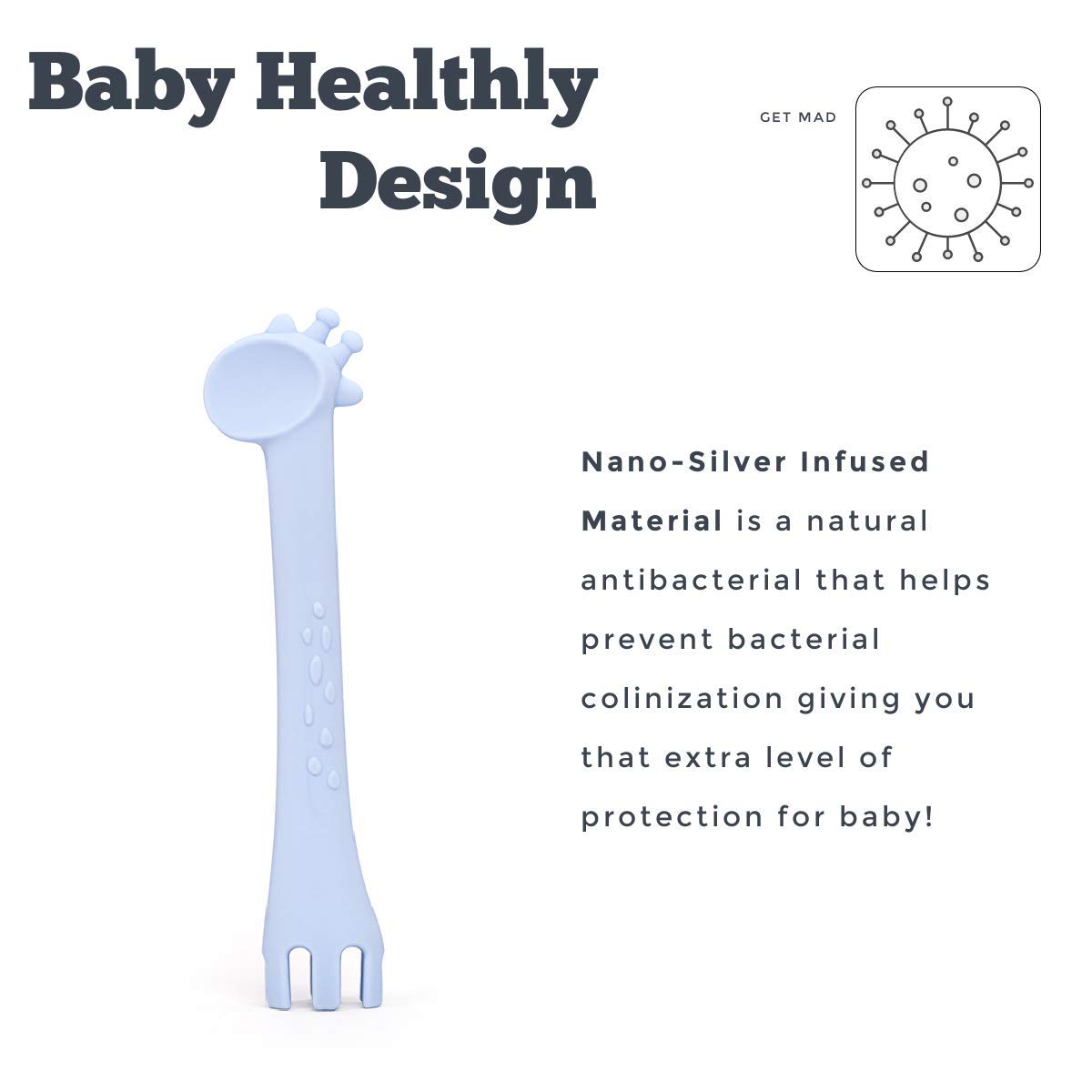 Just4Tots by MAD 3 in 1 Giraffe Silicone Safety Feeding Spoon, Fork, and Teether | Self-Soothing Giraffe Teether for Babies, Infants, Toddlers, Girls or Boys | BPA Free | 0-36 Months (Pastel Blue)