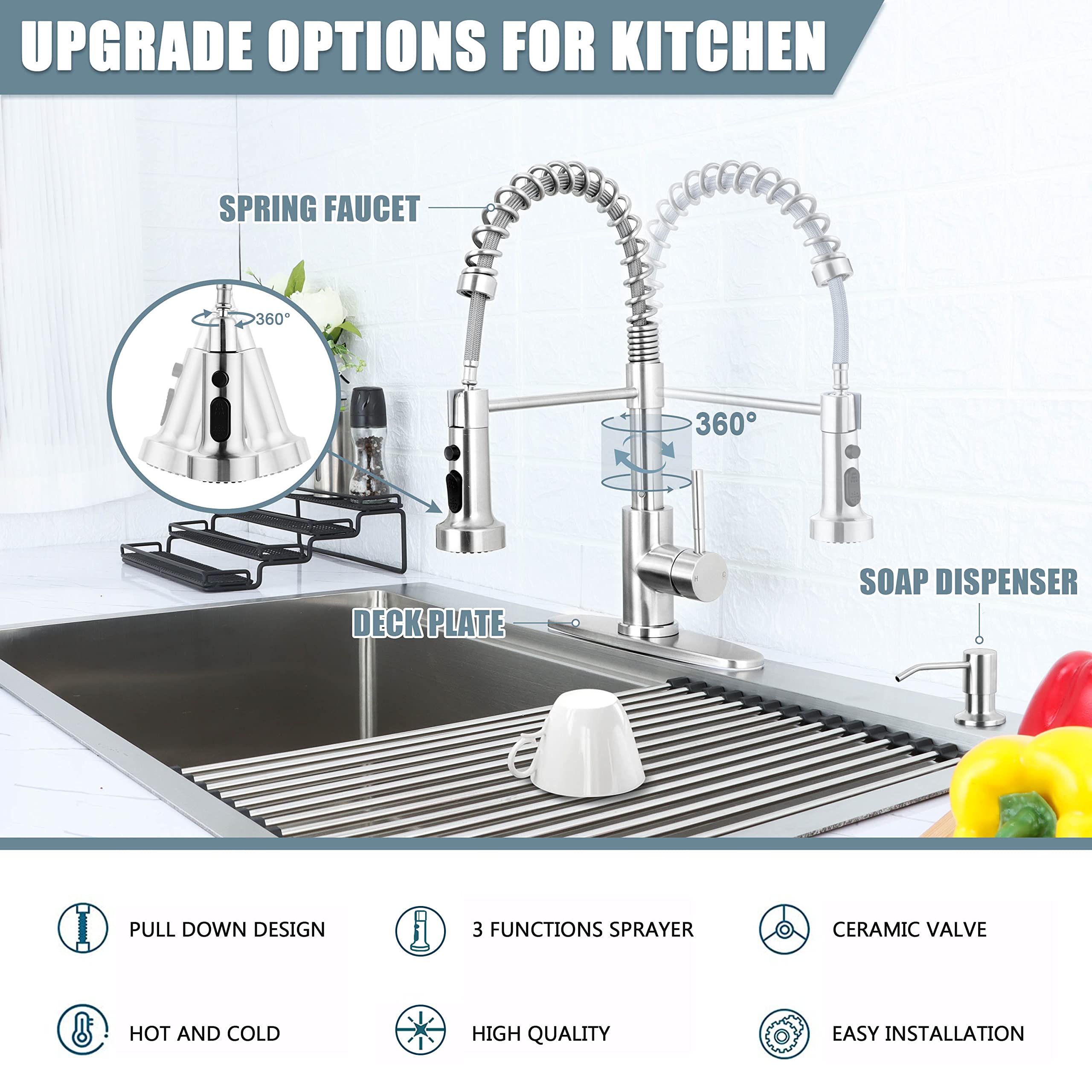 Homikit Kitchen Faucet Brushed Nickel with Pull Down Sprayer & Soap Dispenser, Stainless Steel Spring Faucets with Deck Plate 1 or 3 Hole, High Arc Commercial Sink Faucet for Farmhouse Laundry RV Bar