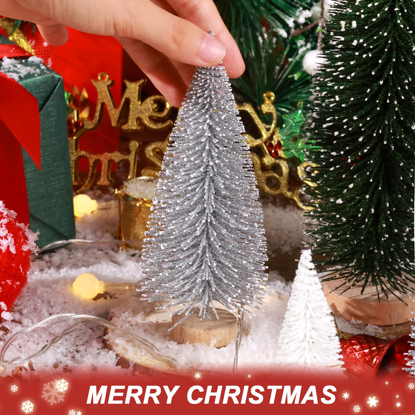 Hatisan Mini Christmas Trees with Wooden Base, Bottle Brush Artificial Trees for Tabletop Decor (Green, Silver, White)